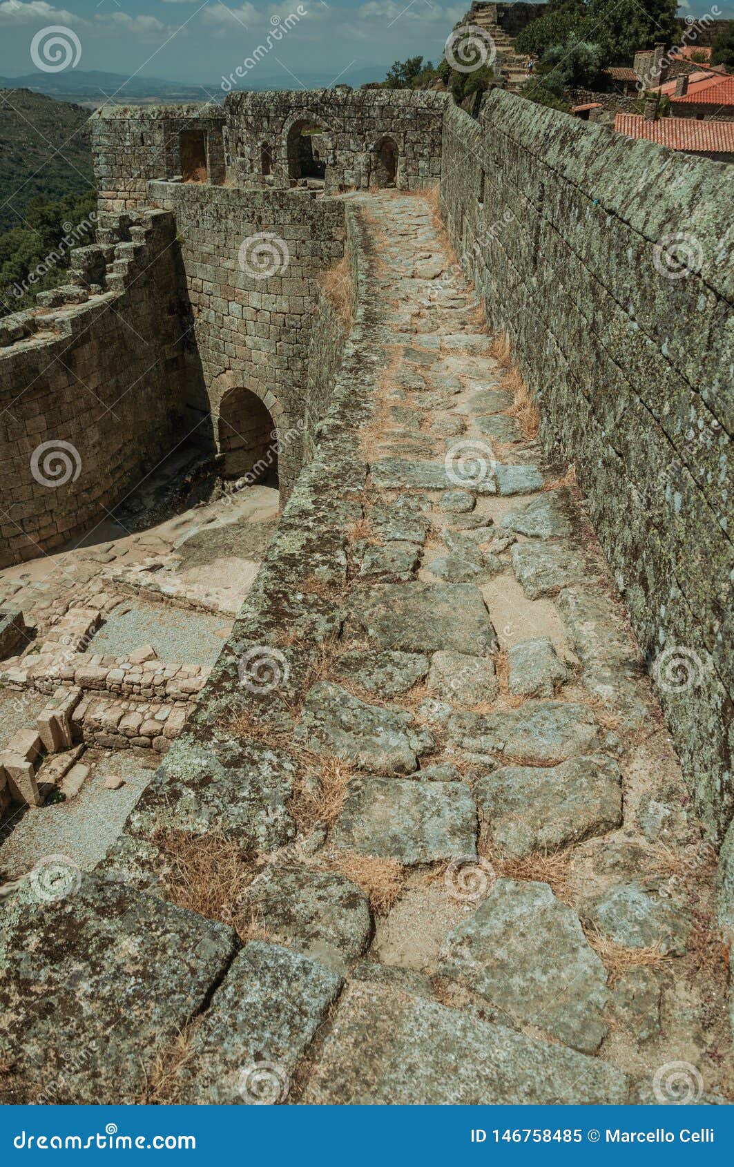 Pathway on Stone Wall with the Front Gate of Castle Stock Image - Image ...