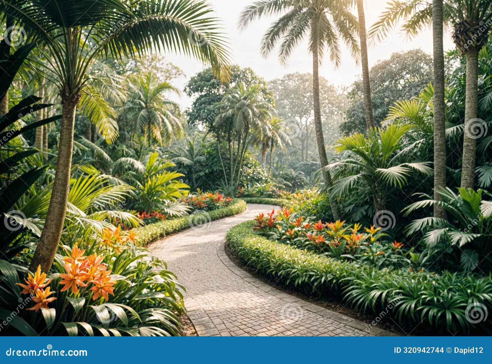 A Pathway Surrounded by Tropical Plants and Flowers Stock Illustration ...
