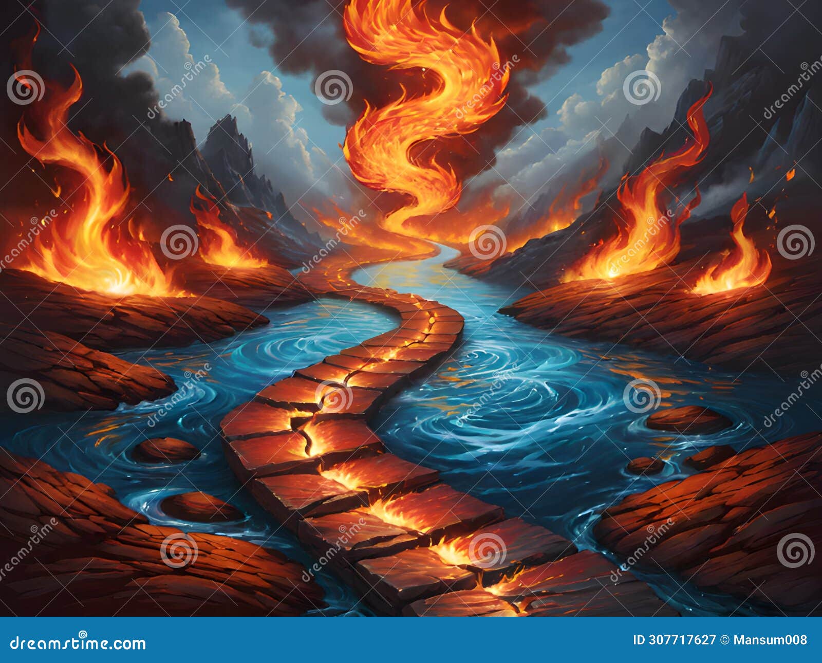 Pathway with Water and Fire Stock Illustration - Illustration of fire ...