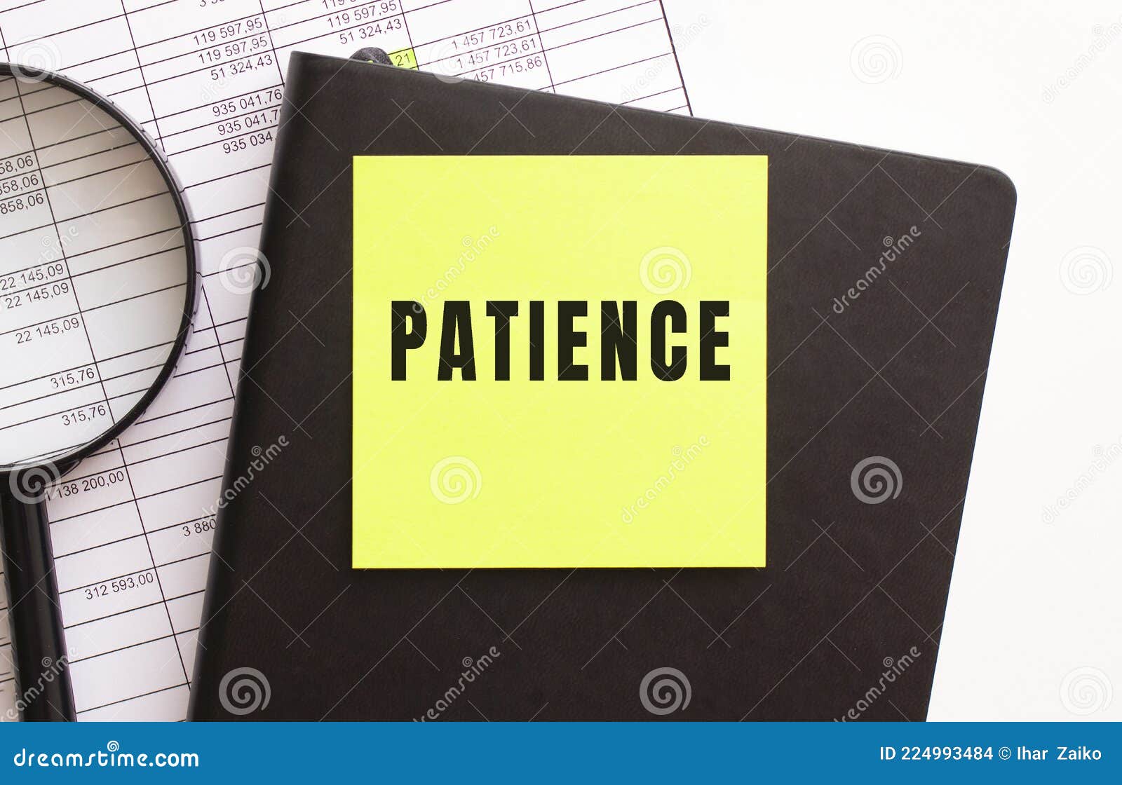 PATIENCE Text on a Sticker on Your Desktop. Diary and Magnifier Stock ...