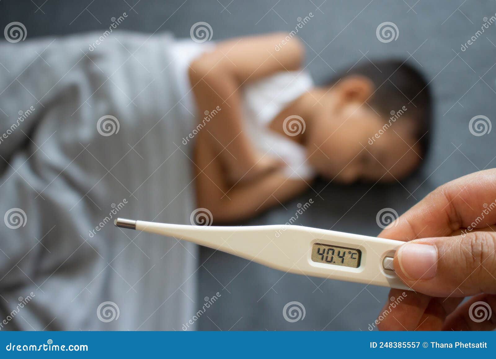 Patient Boy and Thermometer with High Temperature Medical Concept Stock ...