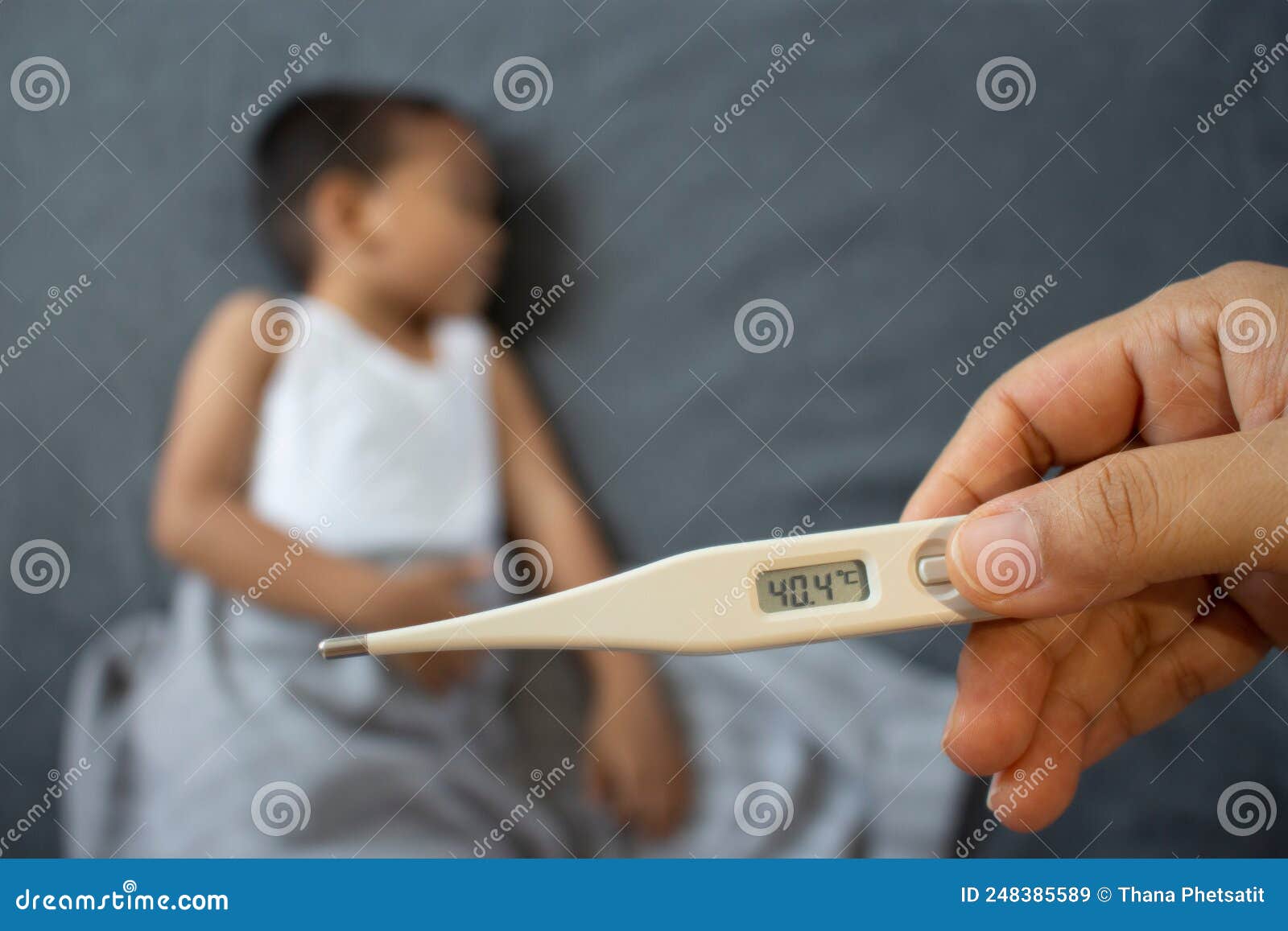 Patient Boy and Thermometer with High Temperature.Medical Concept Stock ...