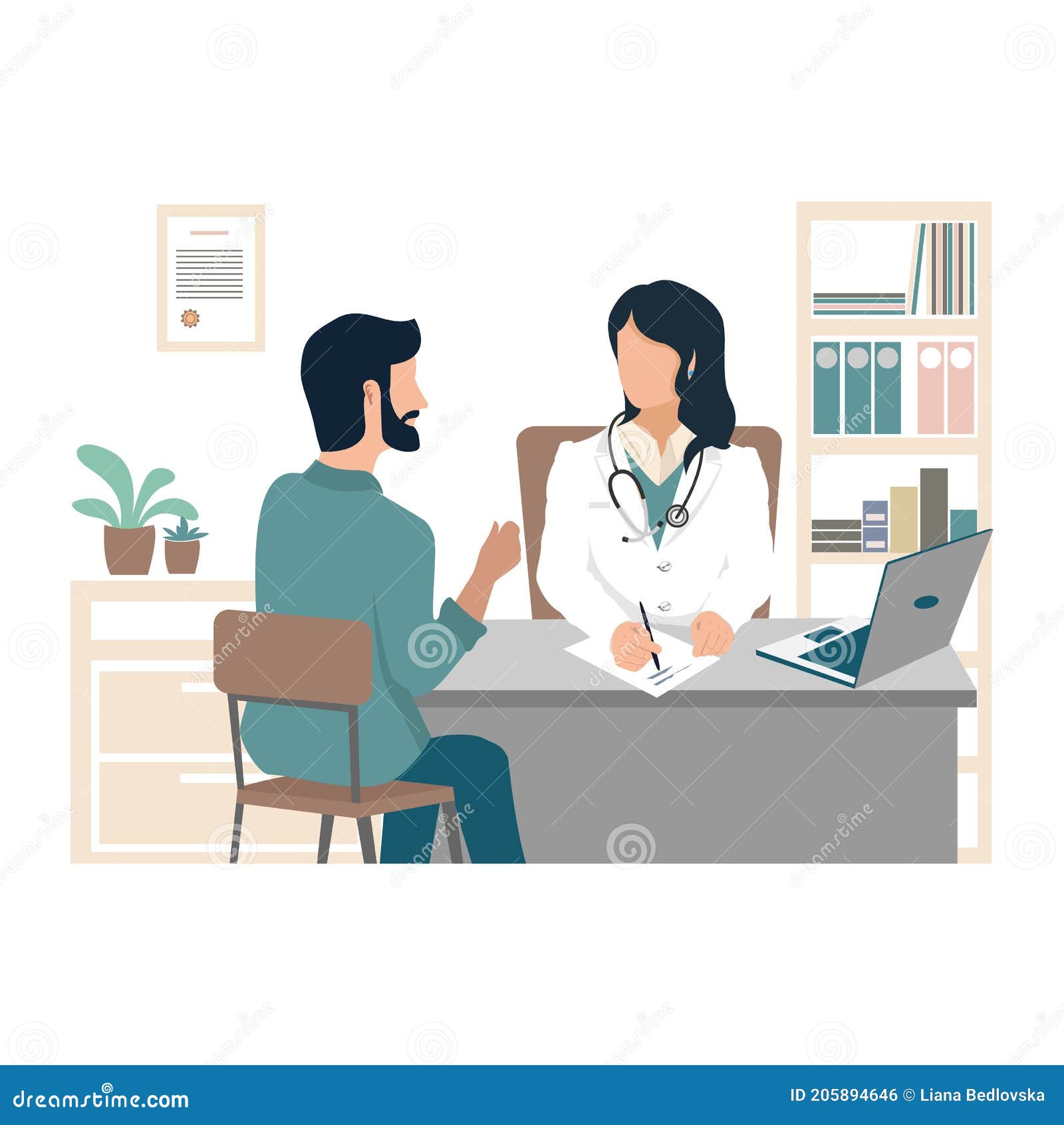 Patient At The Doctor`s Appointment, Stickman Sits At The Table, Stick ...