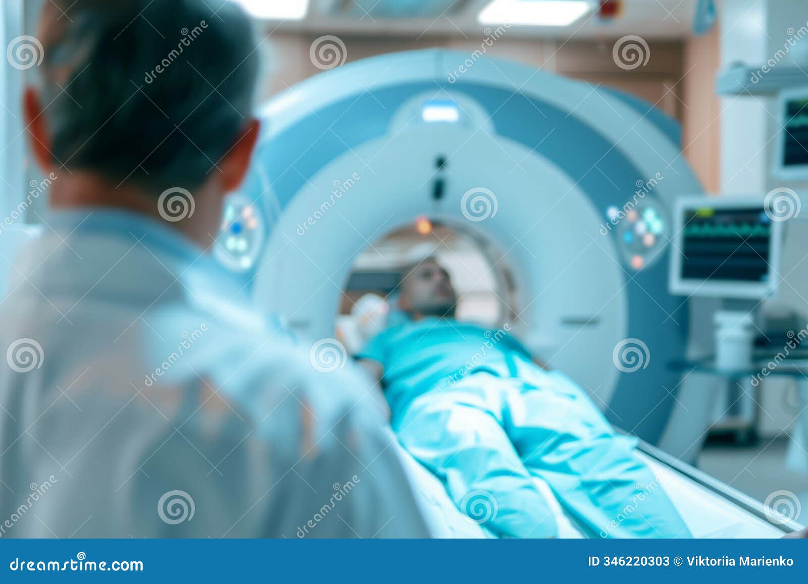 A Patient Enters a CT Scanner As a Doctor Monitors Stock Illustration ...