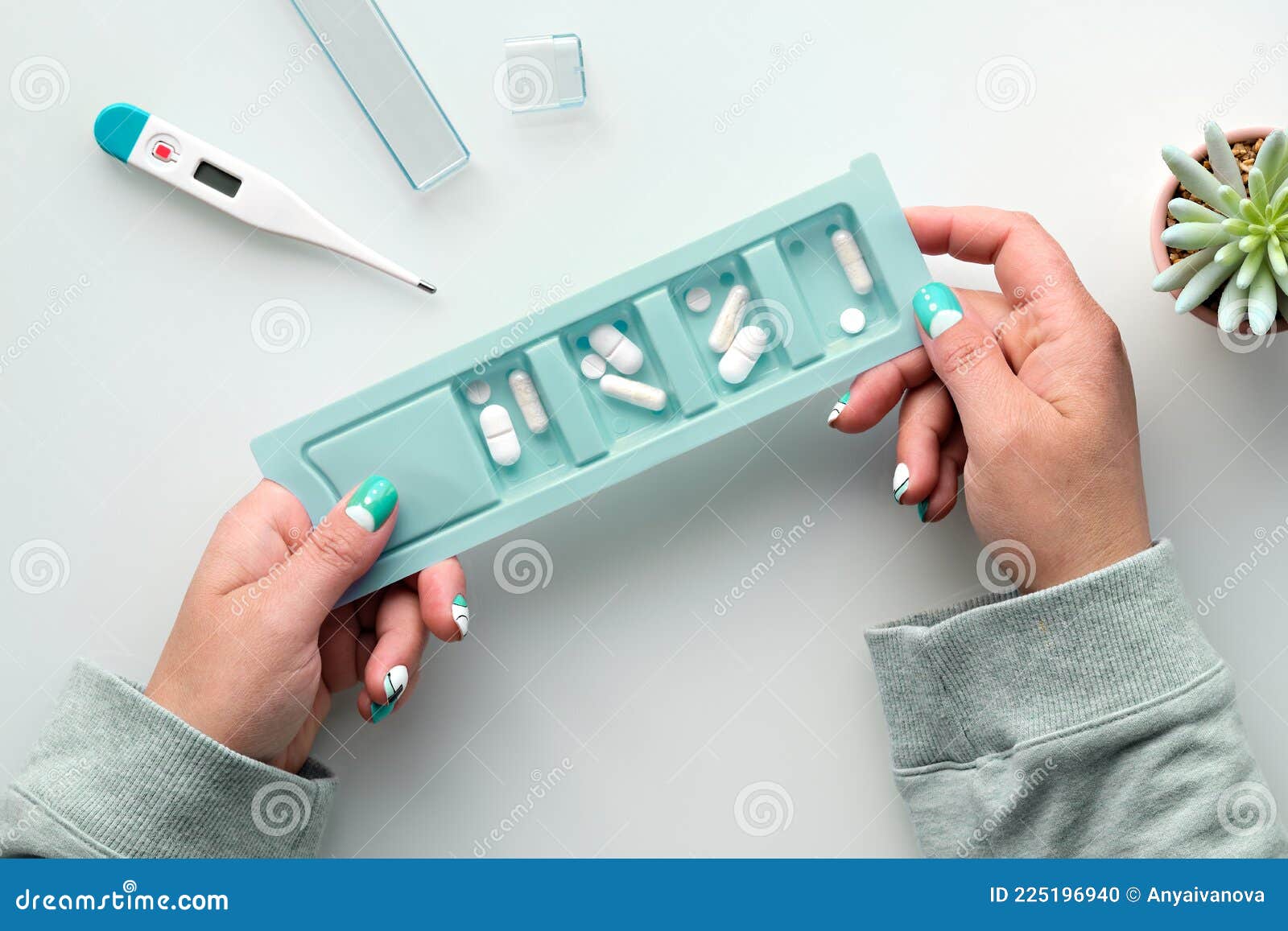 Patient Hands Hold Plastic Container with Pills. Plastic Container with ...
