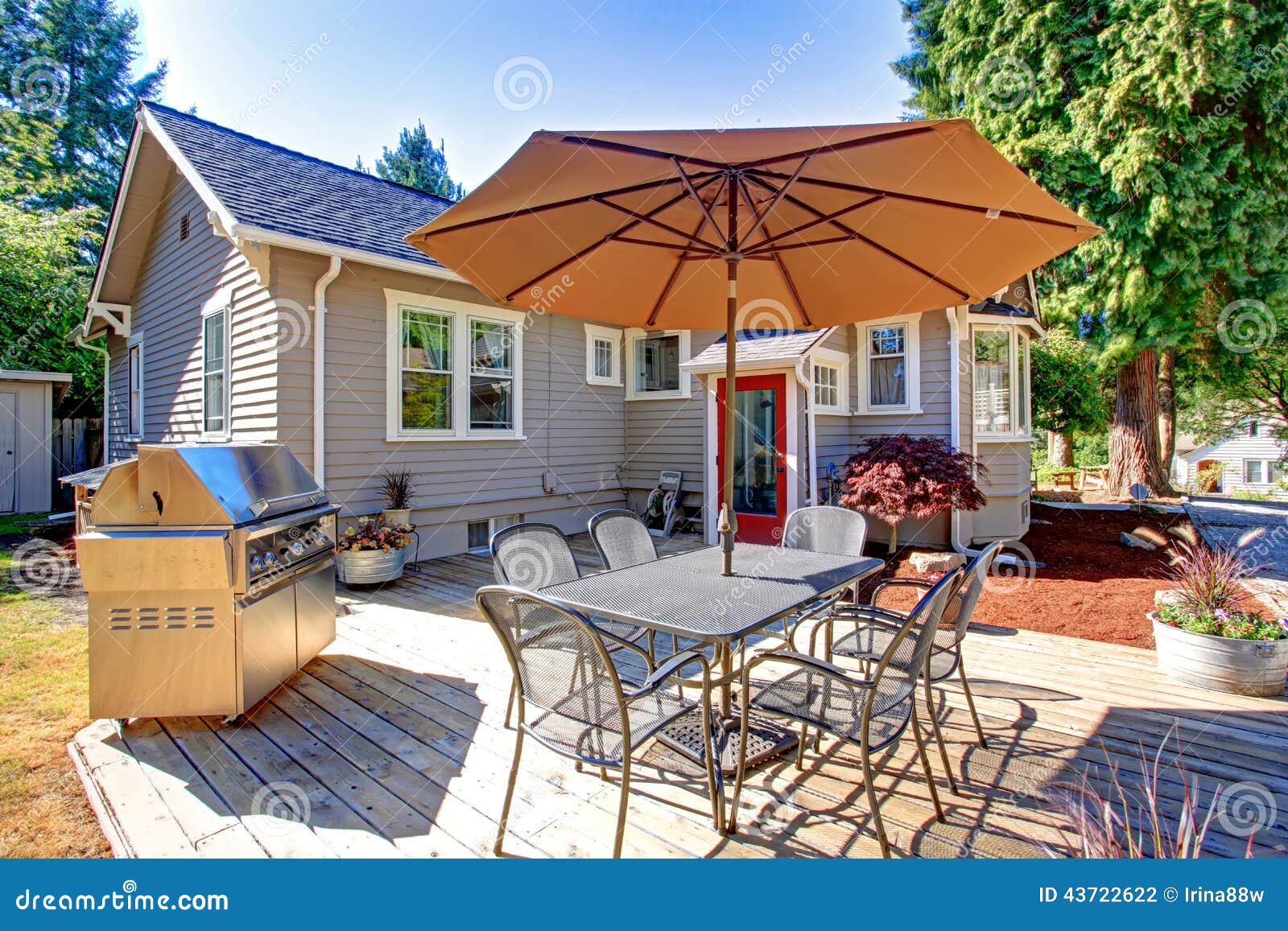 Patio Area with Barbecue on Backyard Stock Photo - Image of spring ...
