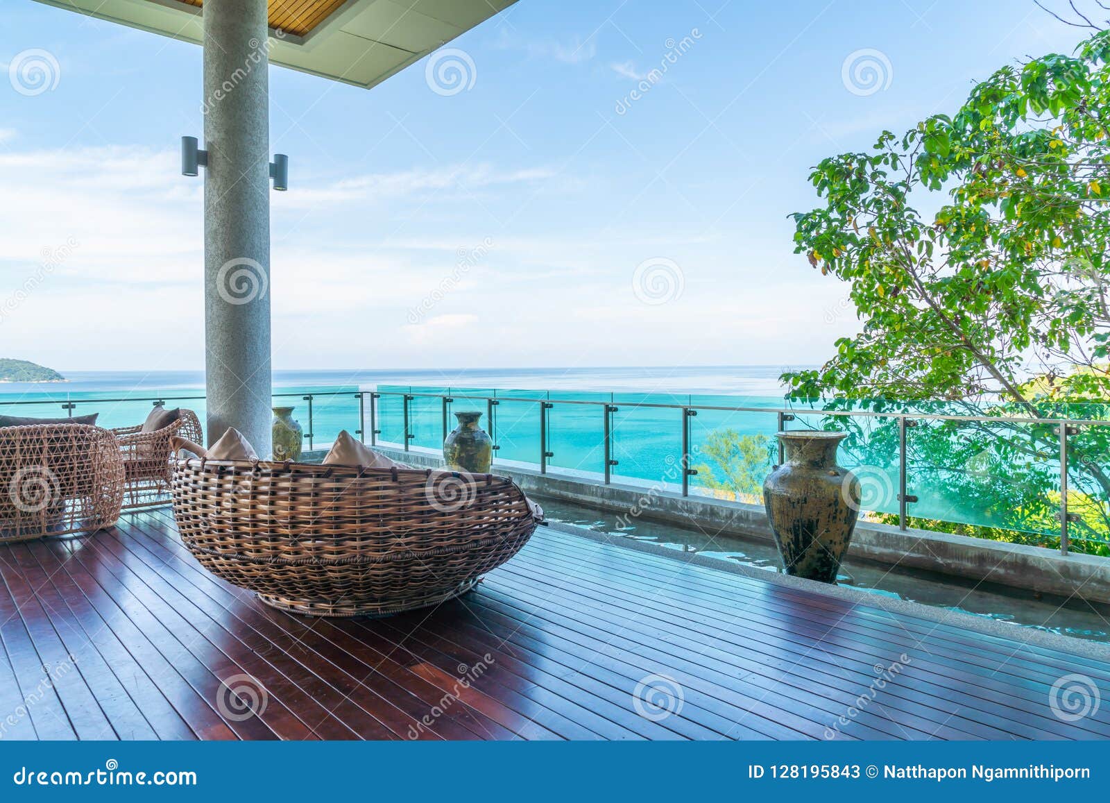 Patio Chair and Table with Sea View Background Stock Image - Image of ...