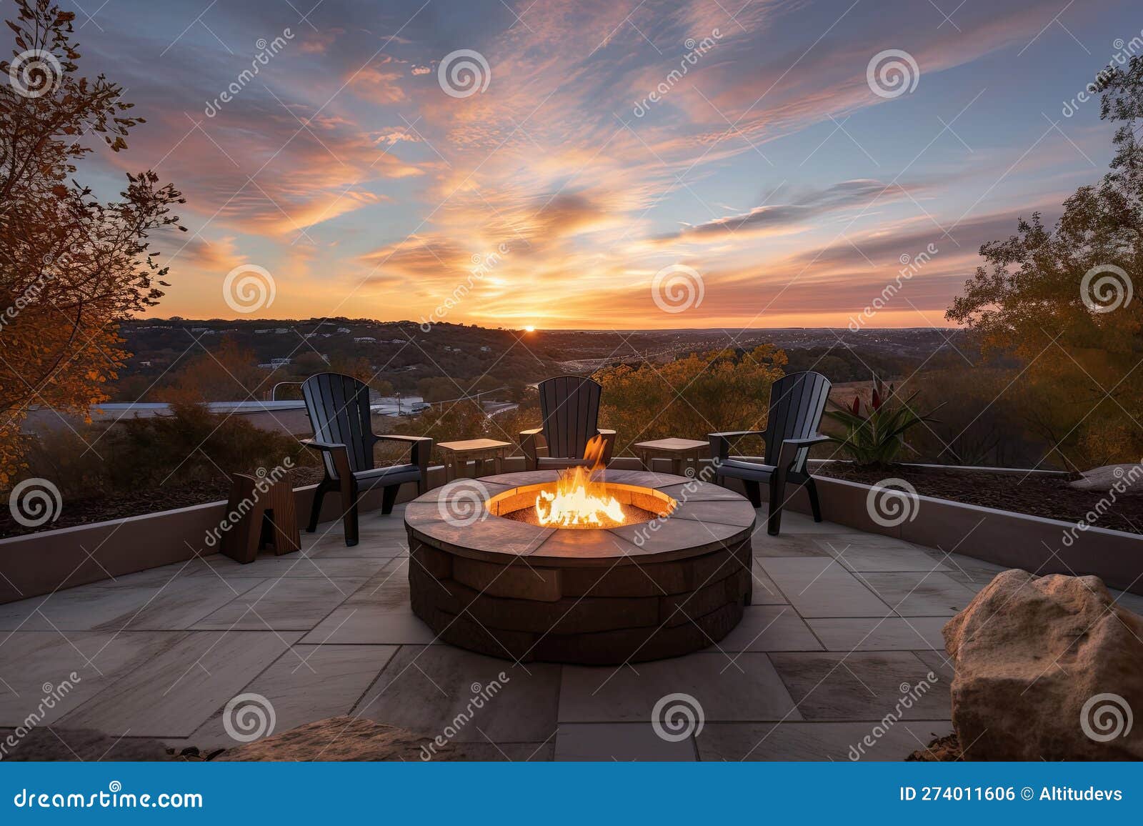 Patio with Fire Pit, Seating, and View of the Sunset Stock Photo ...