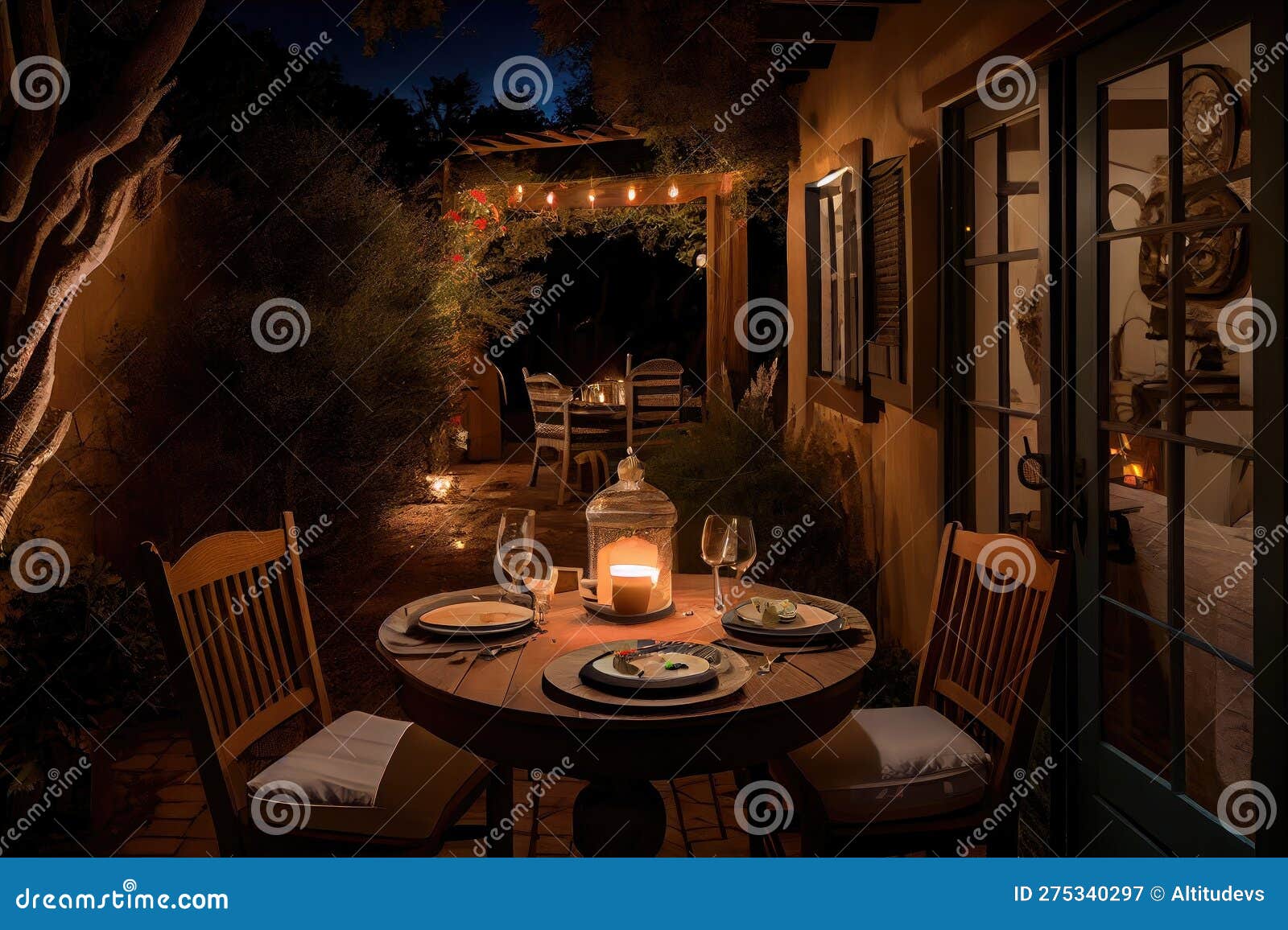 Patio with Outdoor Dining Table and Chairs for Nighttime Dinner Stock ...