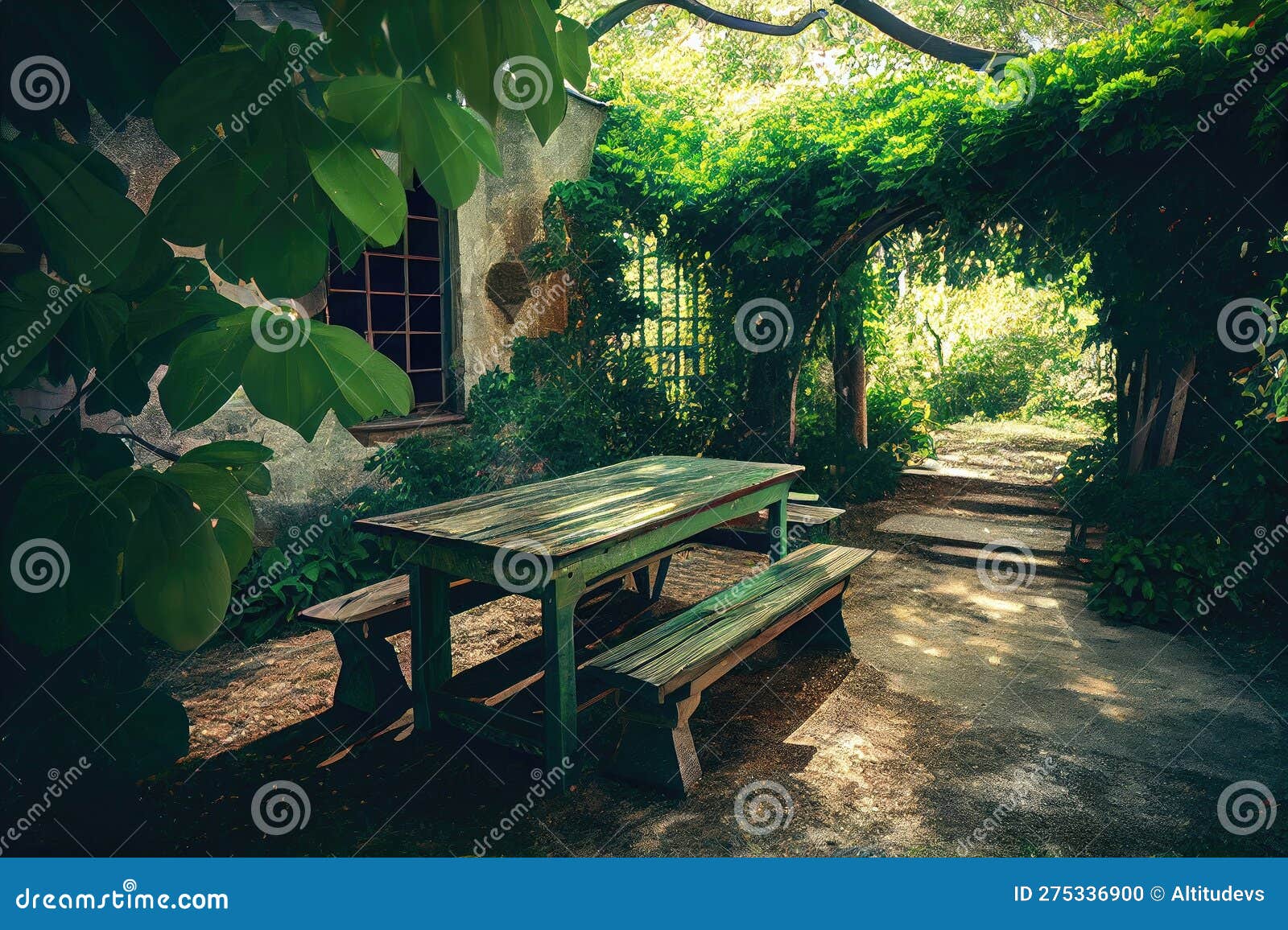 Patio with Picnic Table, Surrounded by Lush Greenery Stock Photo ...