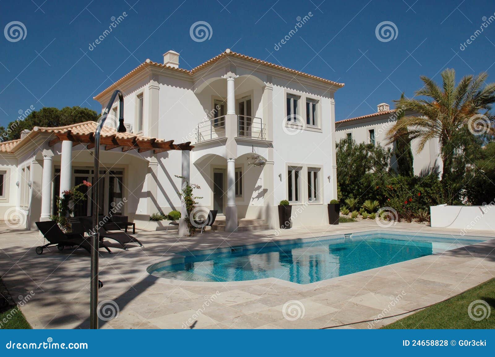 Summer House with Patio and Blue Pool - Shower Stock Photo - Image of ...