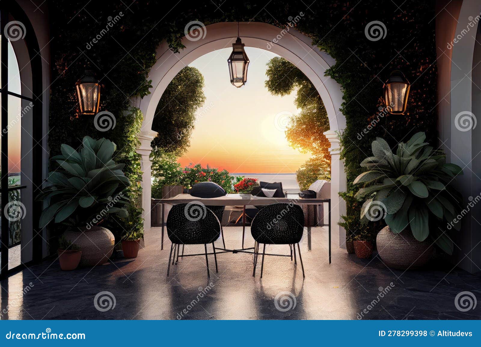 A Patio Surrounded by Greenery with a View of the Sunset Stock ...