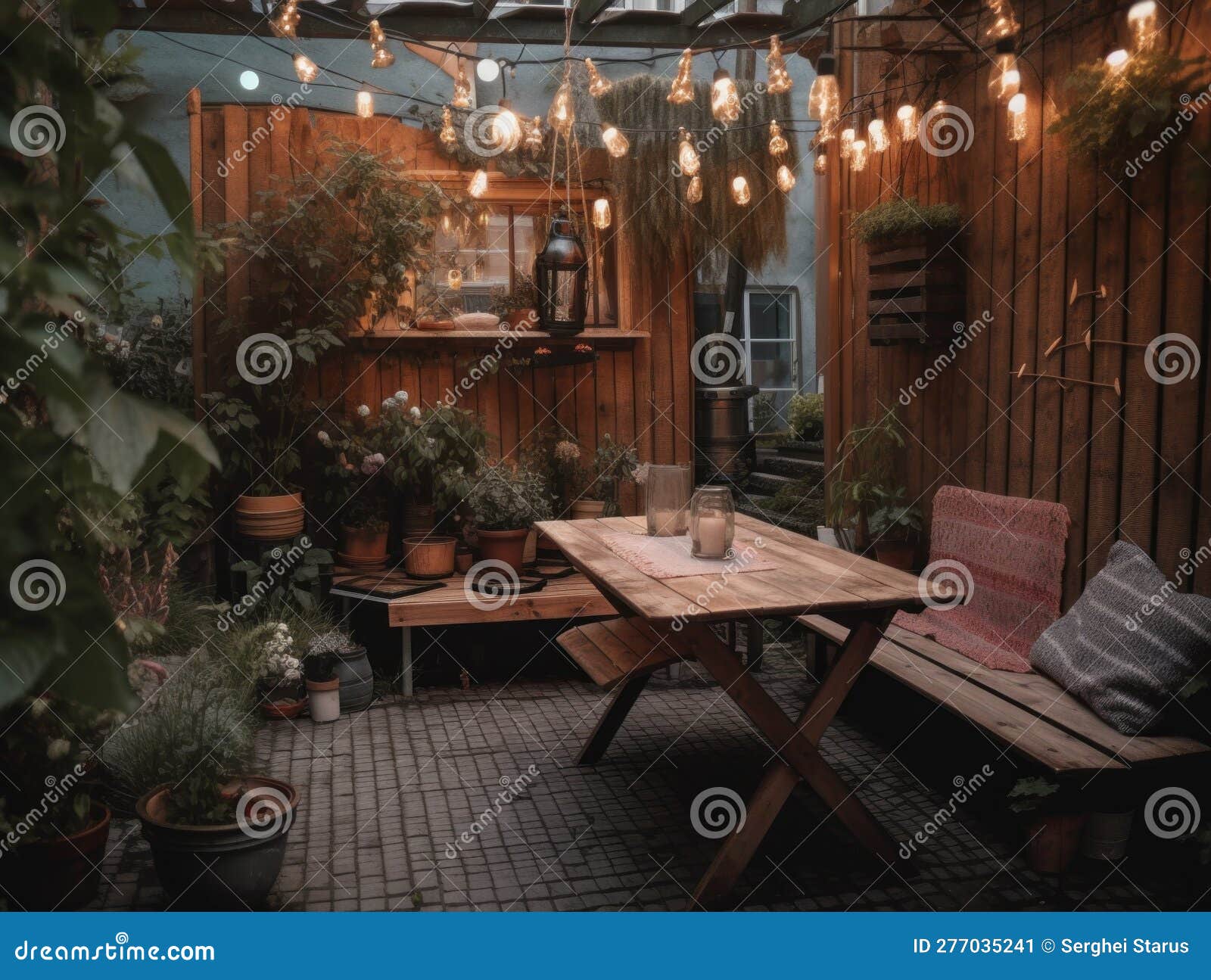 A Patio with a Table, Chairs and Lights. AI Generative Image. Stock ...