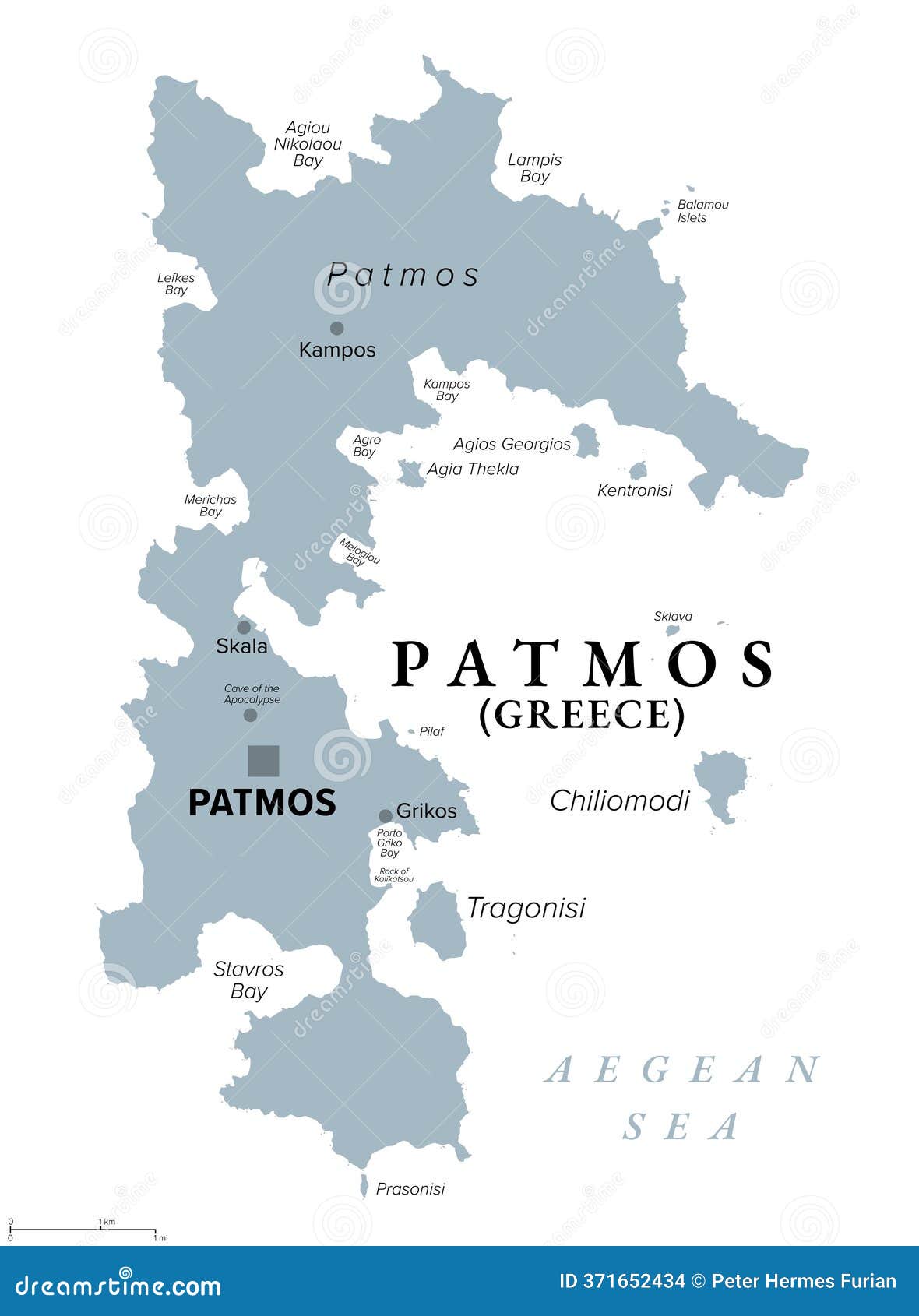 Island Of Patmos In Greece White Map And Blue Background Illustration ...