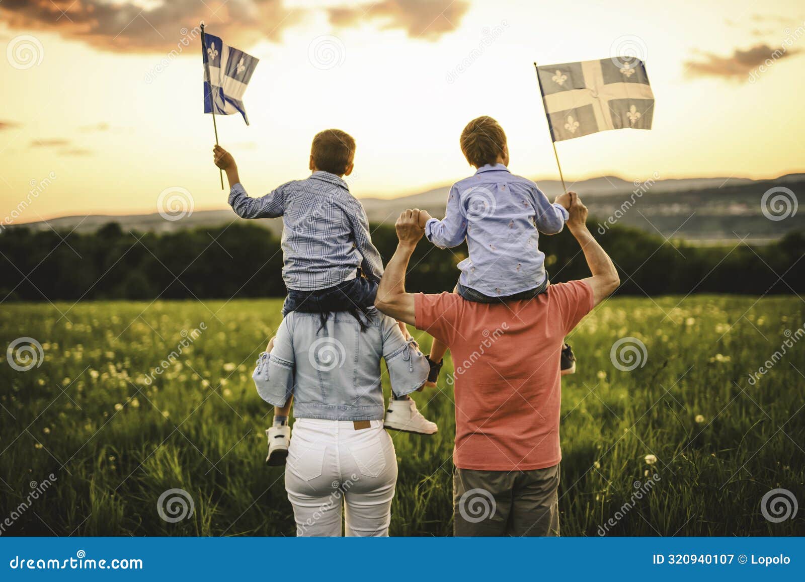 A Patriotic Family Waving Quebec Flags on Sunset Stock Image - Image of ...