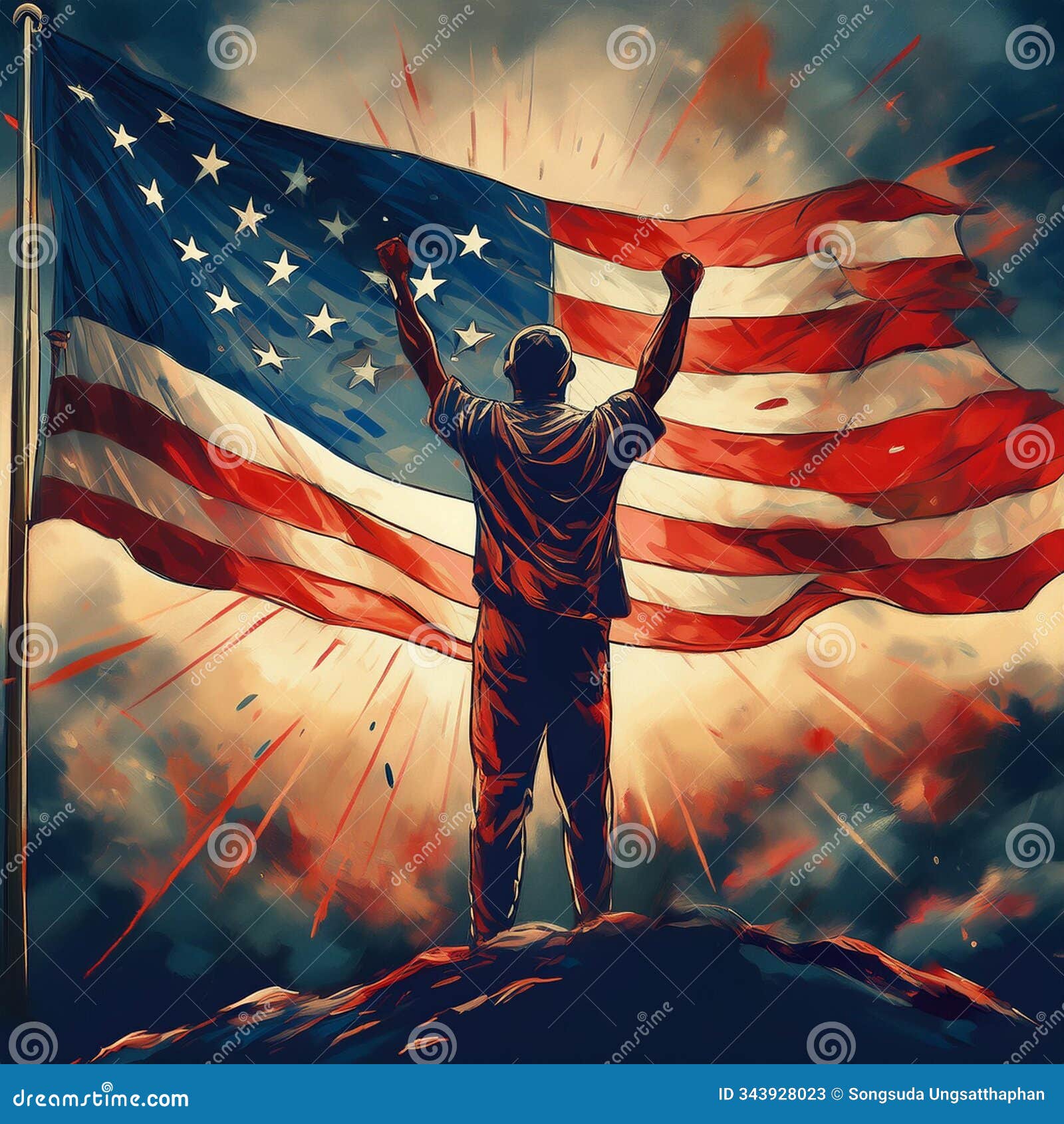 Patriotic Man Celebrating in Front of American Flag Stock Illustration ...