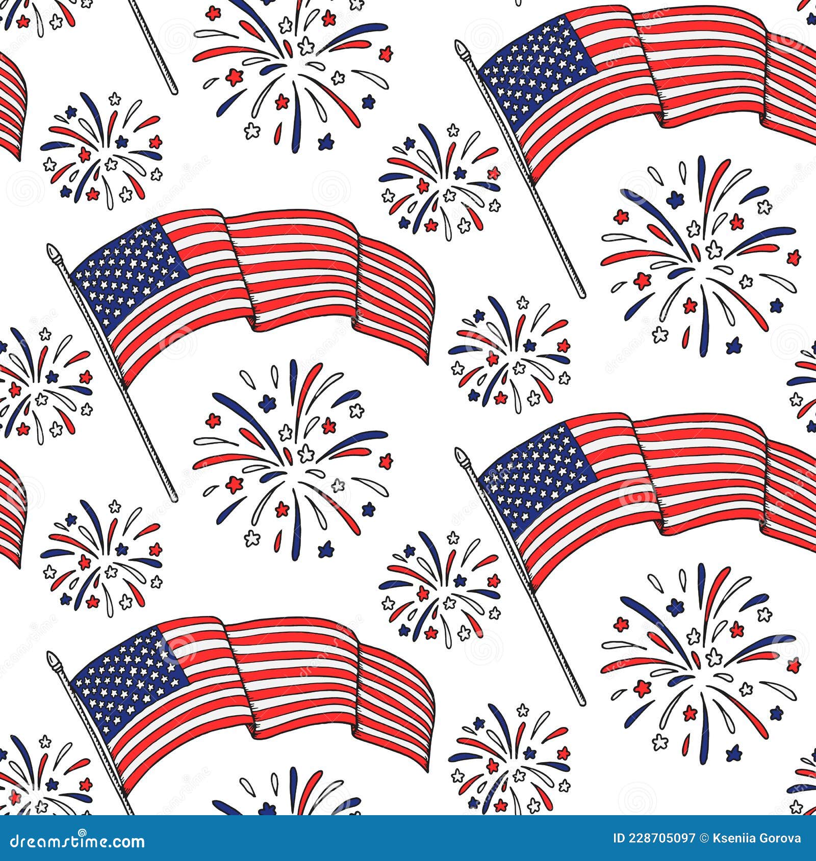 Patriotic Seamless Pattern with USA Flags and Firework. Vector ...