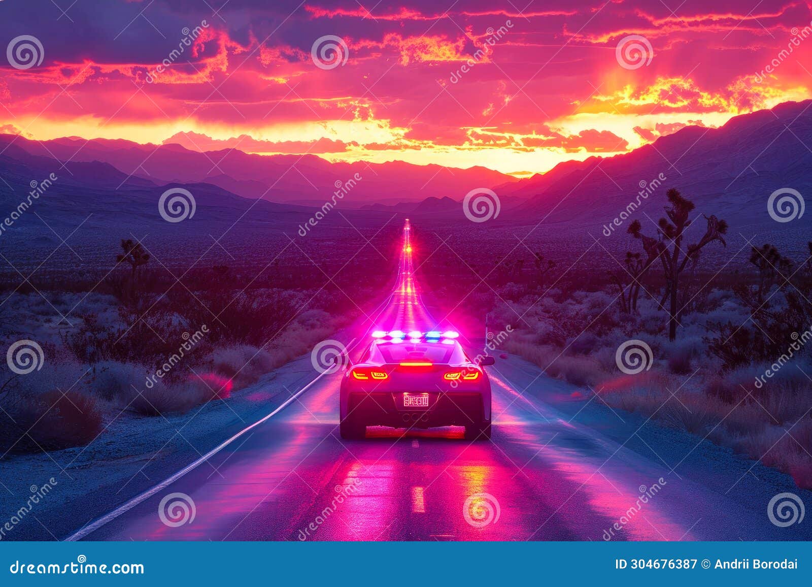 Patrol Car Advancing on Desert Highway at Sunset. Stock Illustration ...