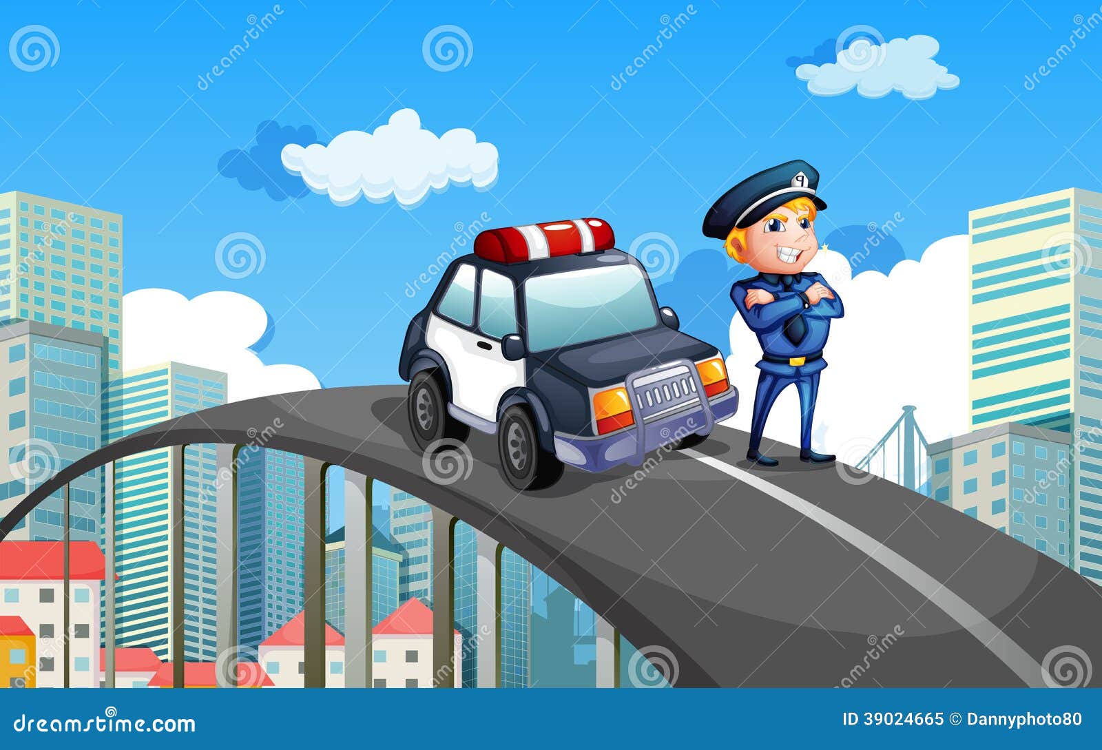 A Patrol Car and a Policeman in Middle of Highway Stock Vector ...