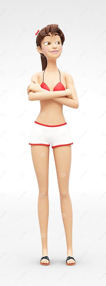 Patronizingly Smiling Jenny 3d Cartoon Female Character Model Stands With Arms Crossed And