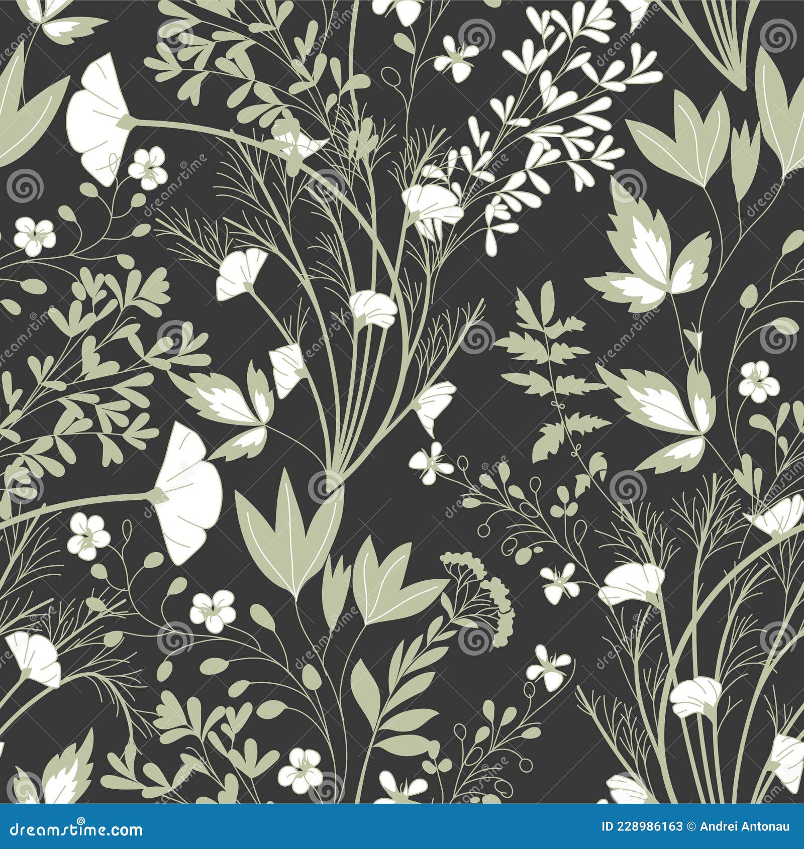 Vector Floral Seamless Pattern with Linear Plants and Herbs, Flowers ...