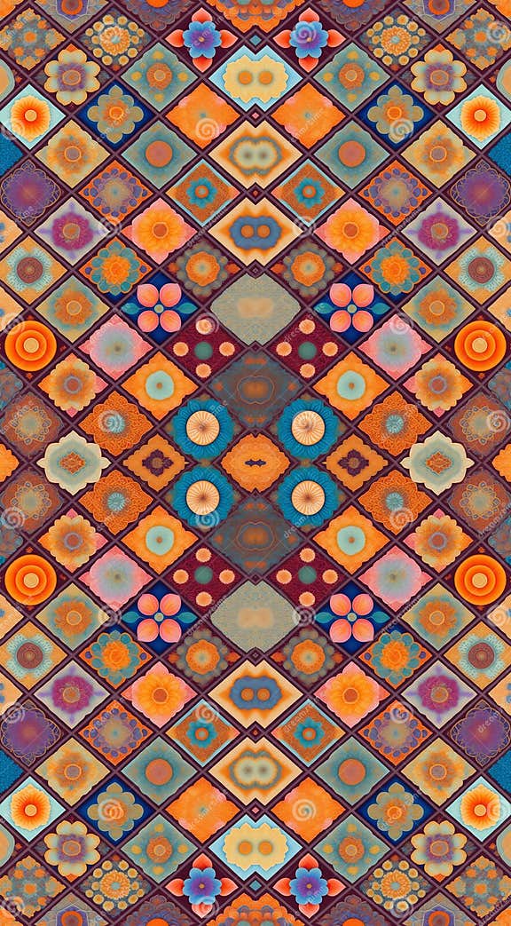 Pattern of Abstract Patchwork Rhombuses with Flowers. Pattern Mirrored ...