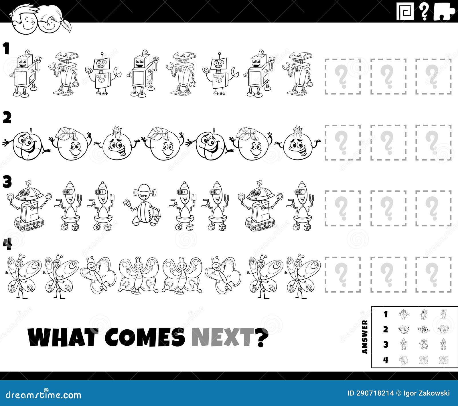 Pattern Activity with Cartoon Characters Coloring Page Stock Vector ...