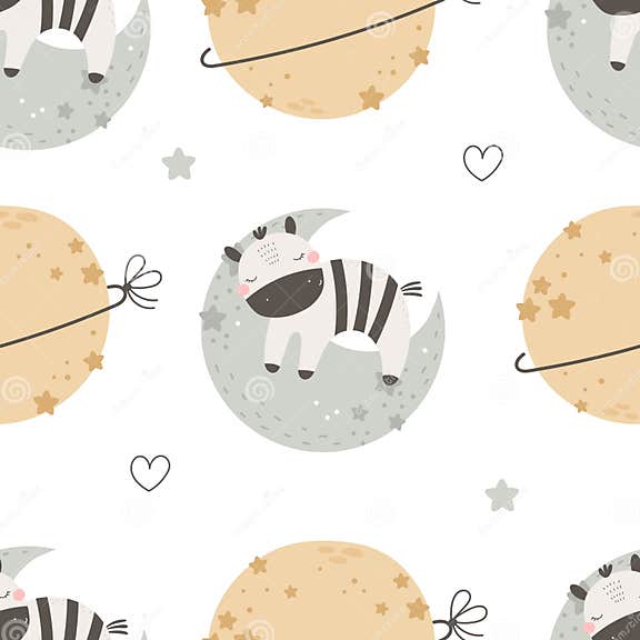 Seamless Pattern with Cute Zebra, Moon, Decor Elements. Simple Flat ...