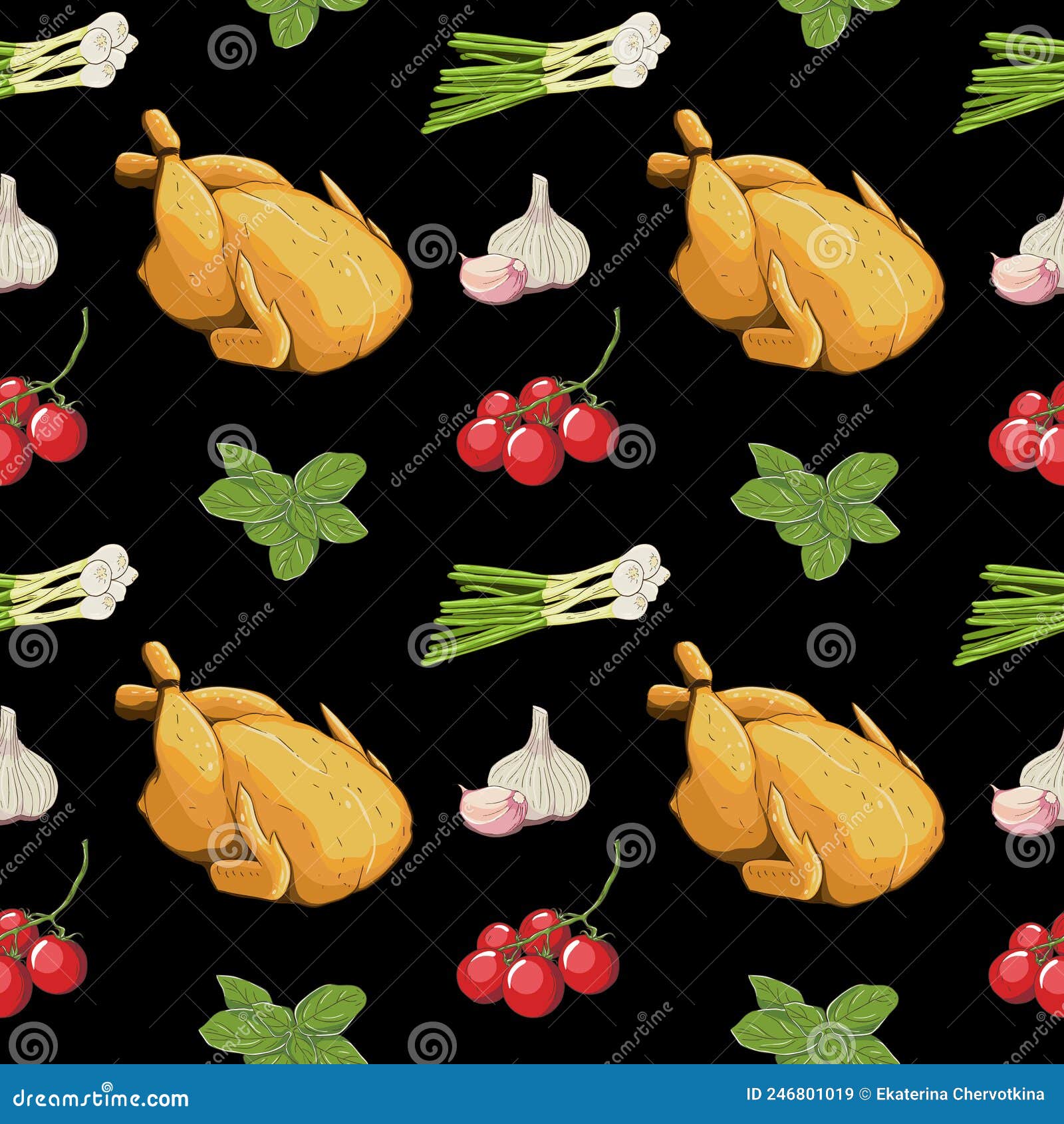 Pattern Baked Chicken Vegetables and Spices Stock Illustration ...