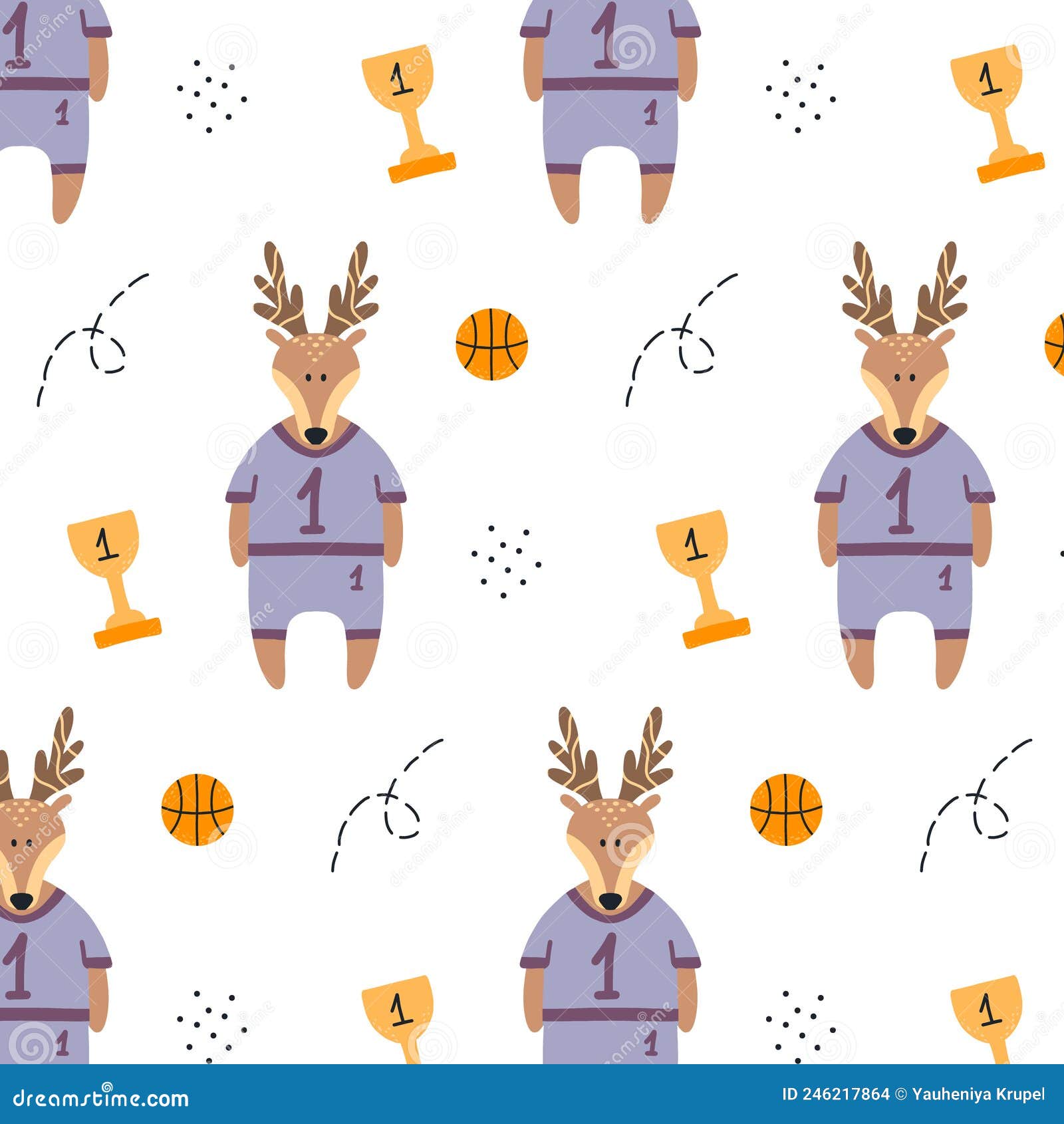Pattern with a Basketball. Hand Drawing with Ball and Deer. Seamless ...