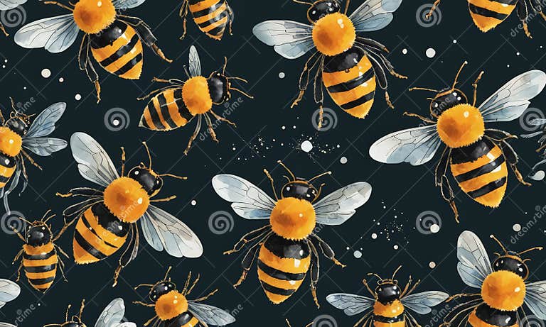 Pattern Bees and on Black Background Stock Illustration - Illustration ...