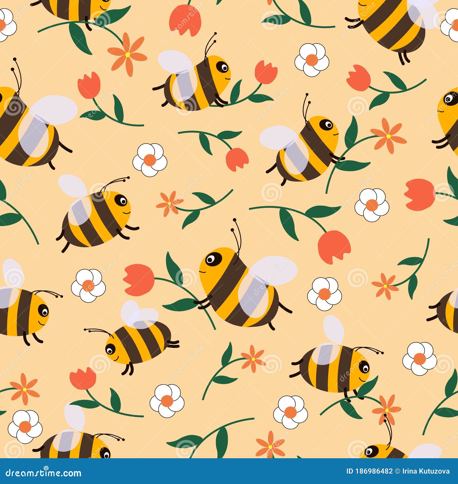 Pattern with Bees and Flowers. Vector Ilestration. Stock Vector ...