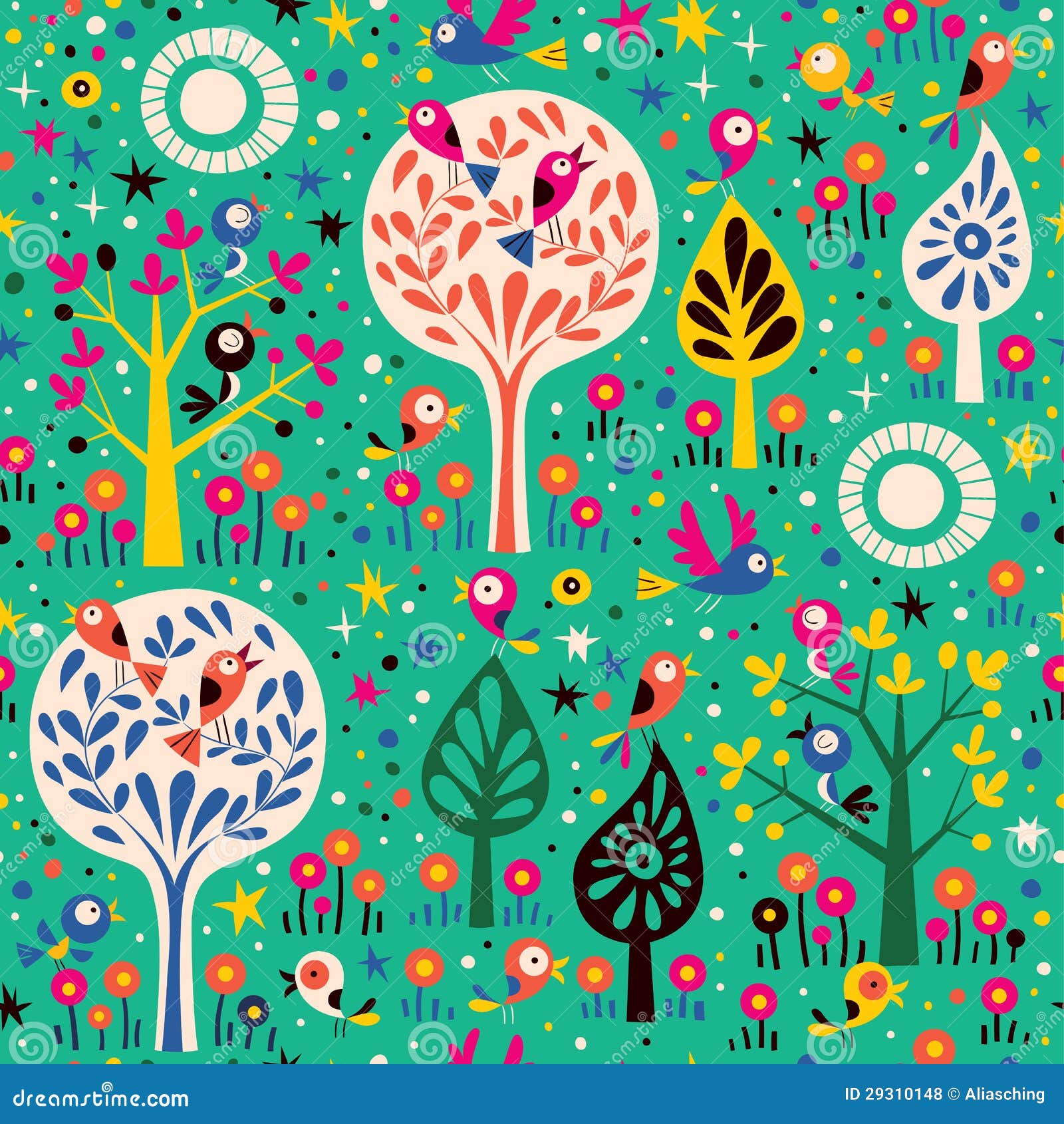 Pattern with Birds in the Trees Stock Vector - Illustration of spring ...