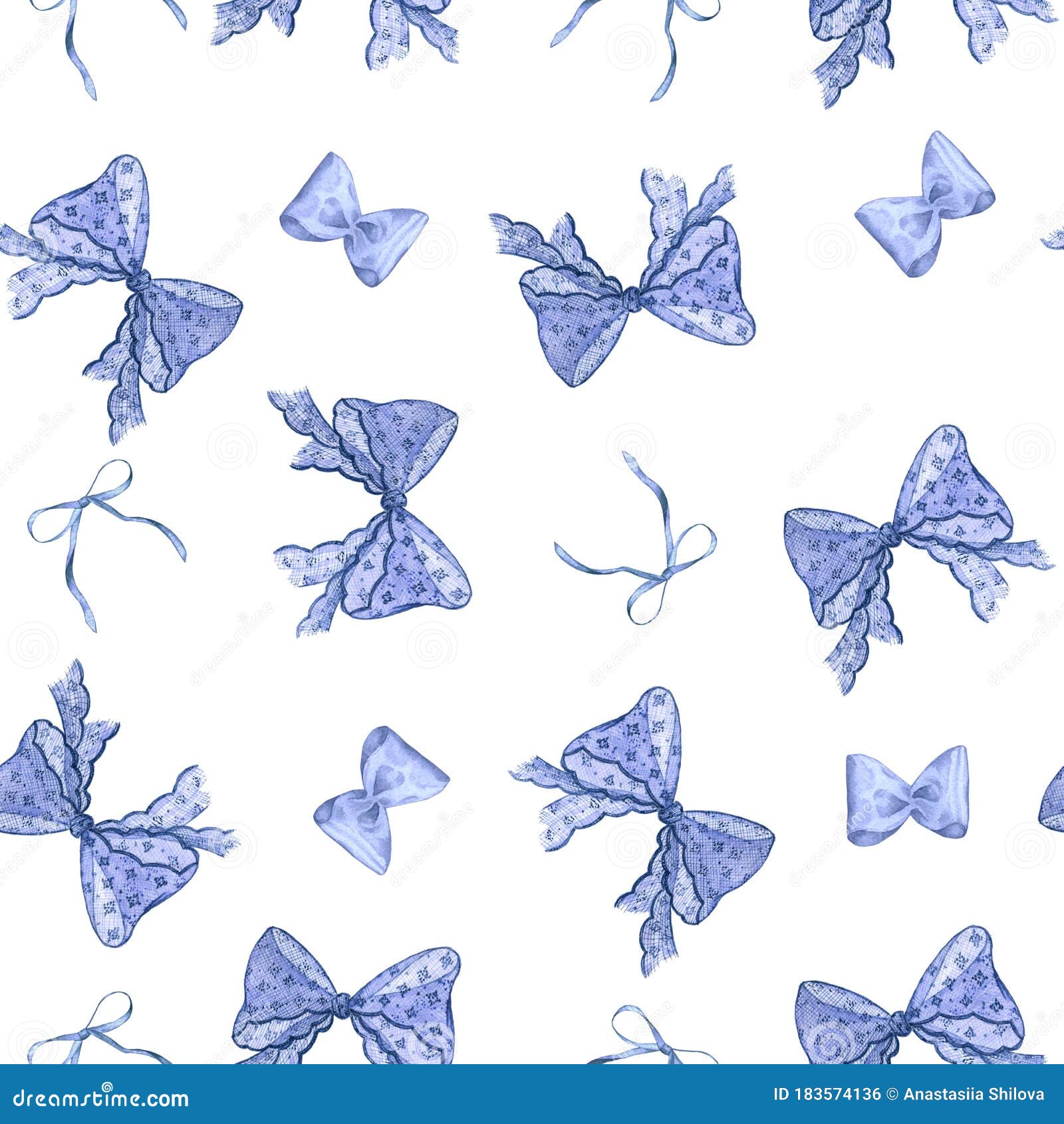 Pattern with Blue Bows 2. Watercolor Illustration. Seamless Pattern ...