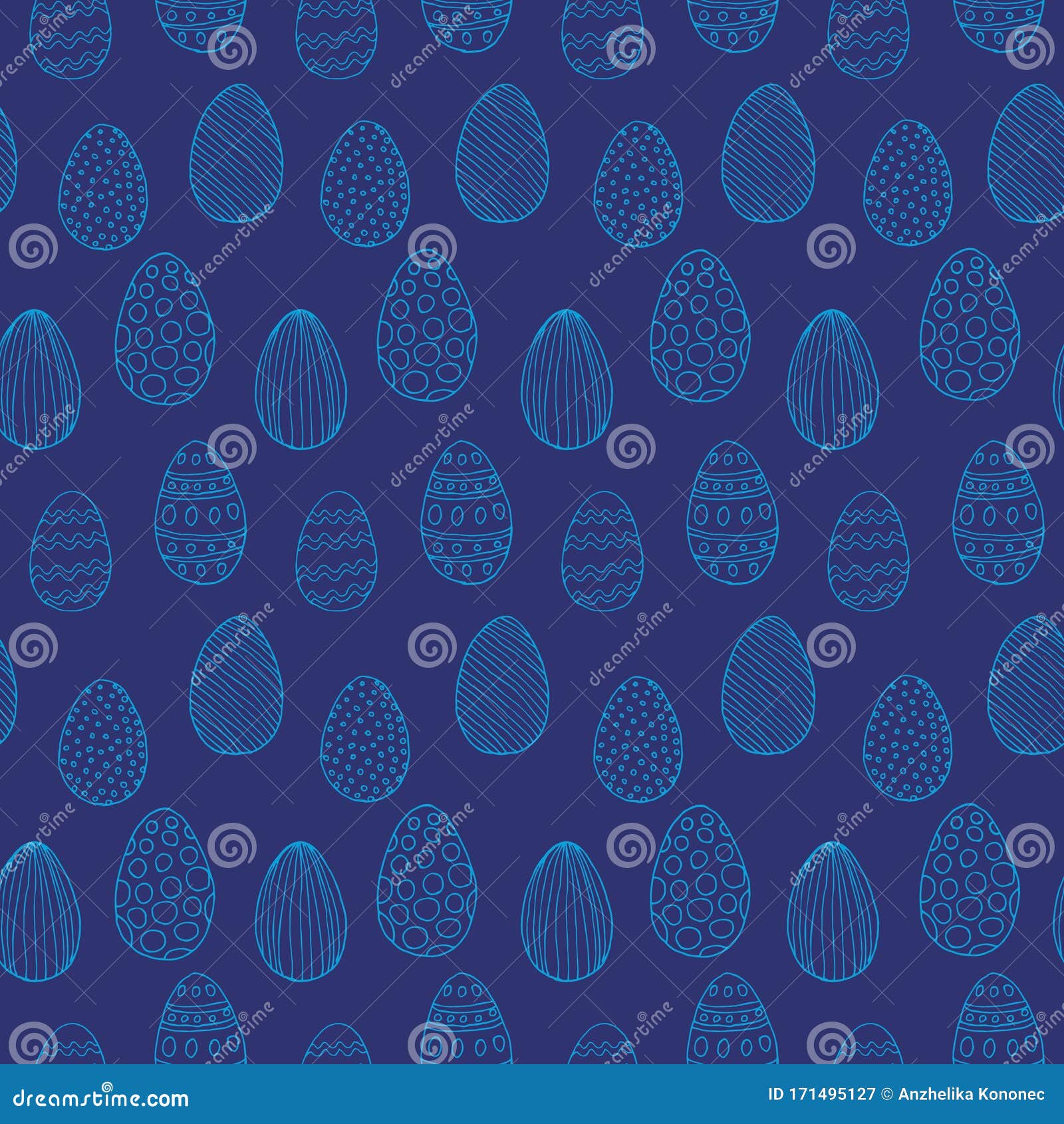 Pattern with Blue Eggs in Doodle Style on Dark Blue Background, Vector ...