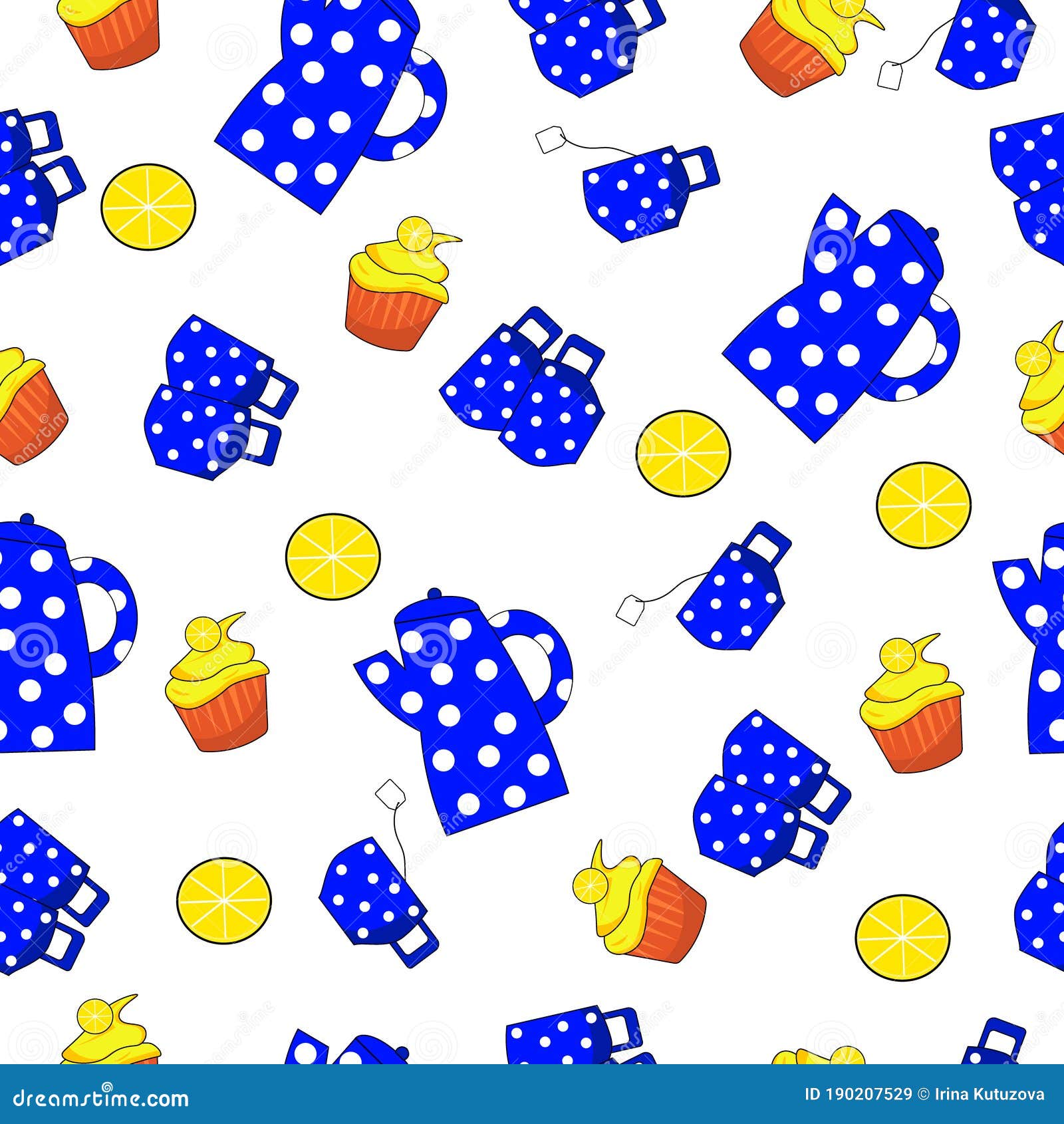 Pattern with Blue Teapot and Cups. Vector Illustration on a White ...