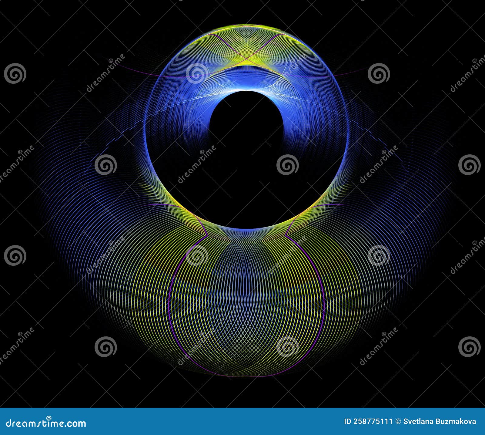 Pattern of Blue and Yellow Rings and Arcs on a Black Background ...
