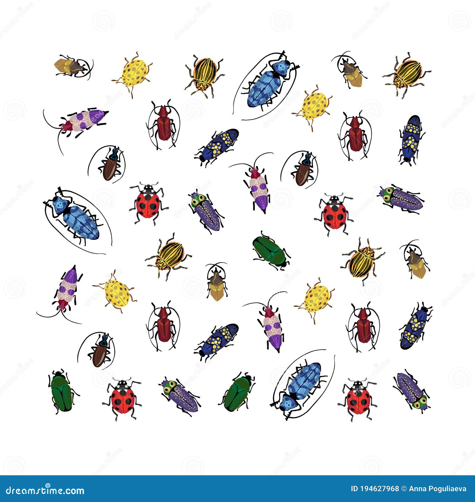 Pattern, Border with Colorful Bugs. Bright Handdrawing of Beetles Stock ...