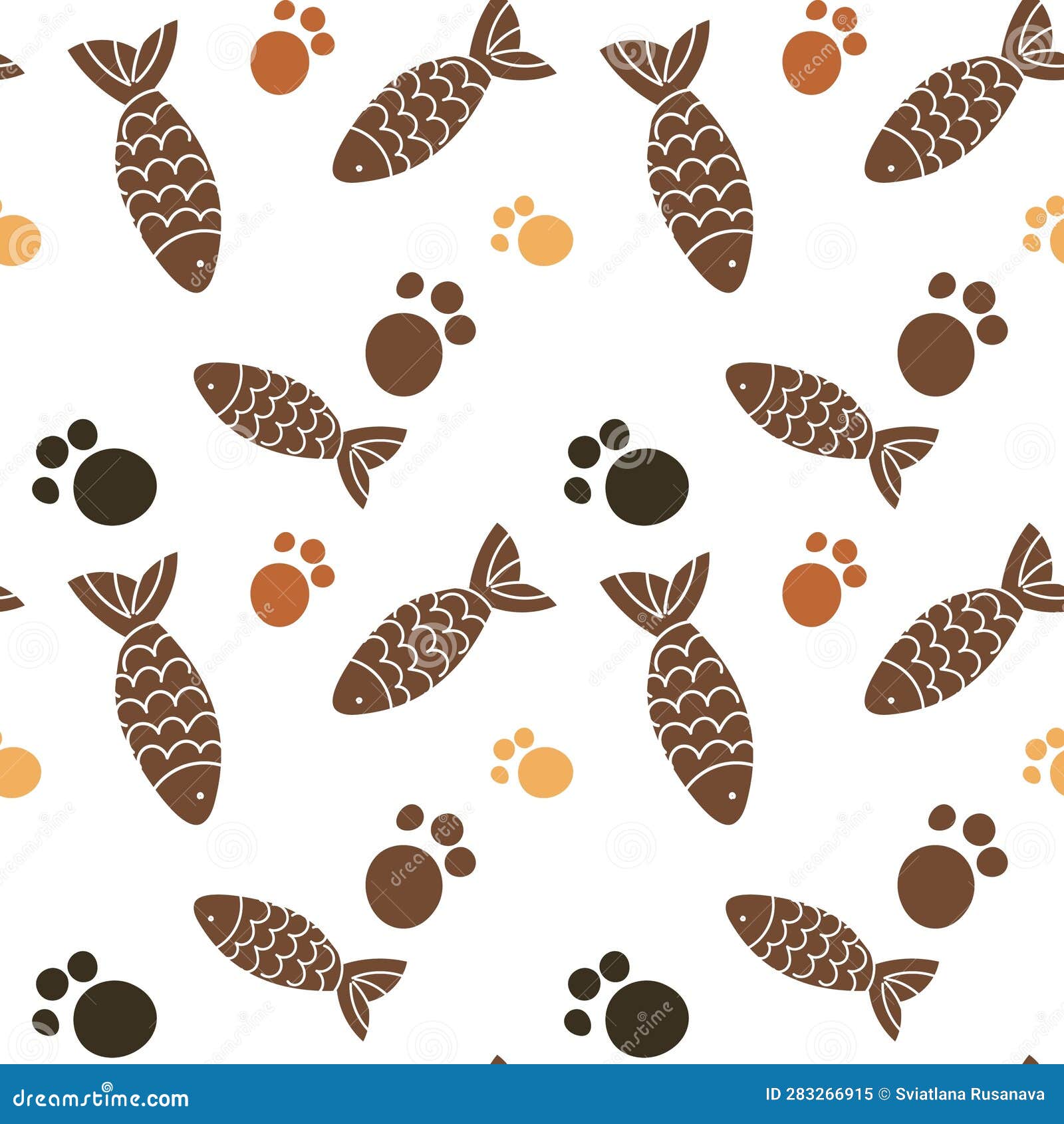 Pattern Of Brown Fish And Colored Cat Paws Seamless Pattern Background ...