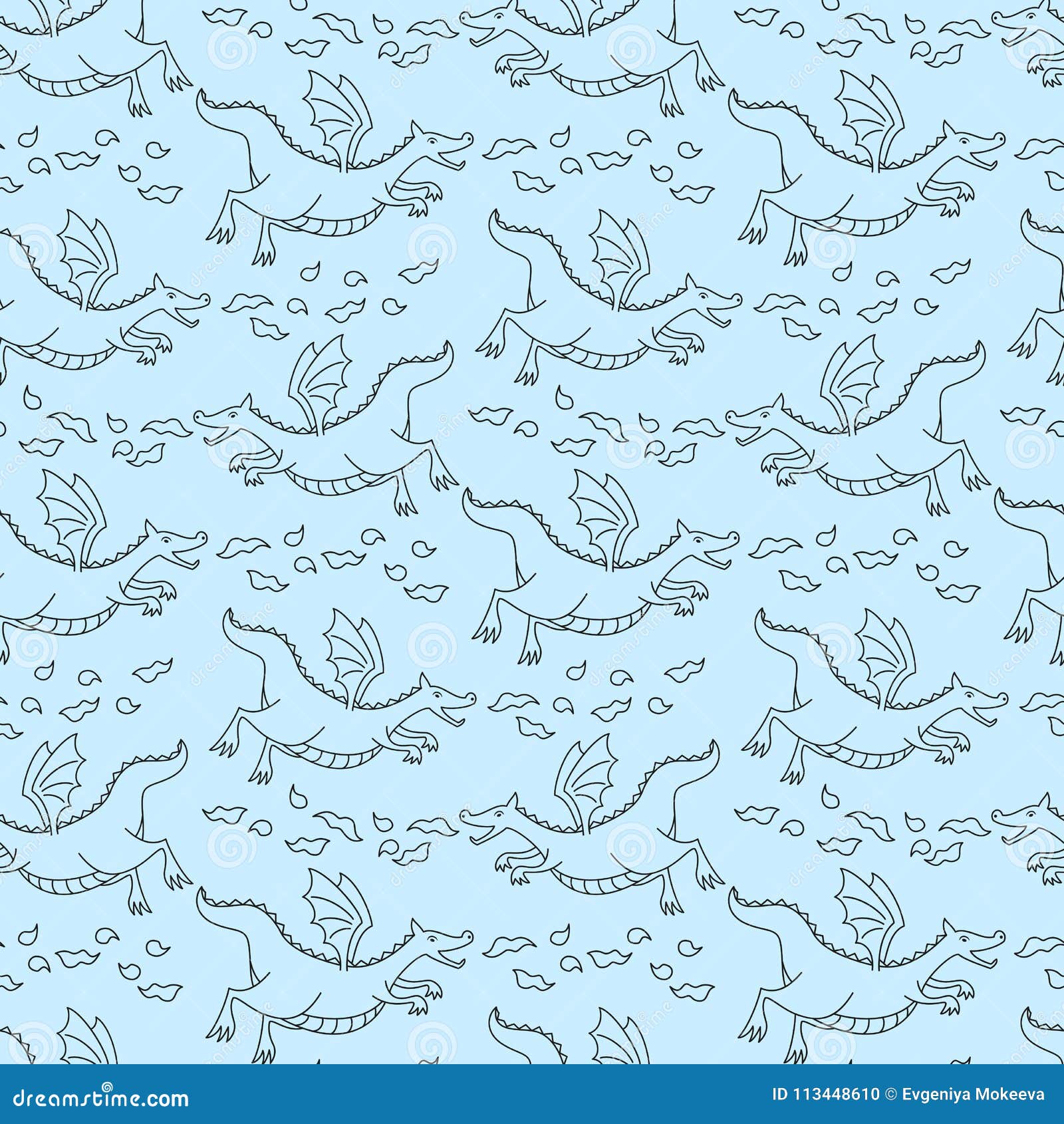 Pattern with Cartoon Dragons on Blue Background. Stock Vector ...