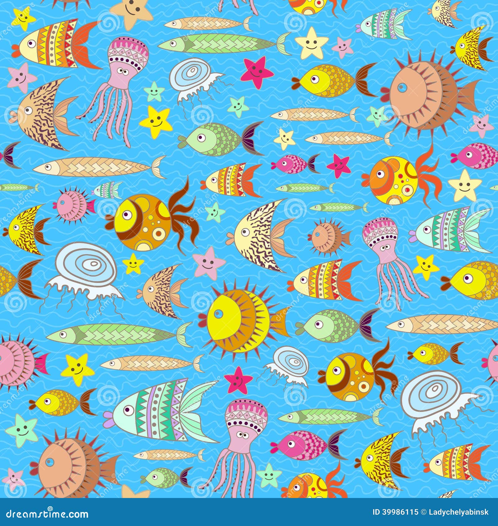 Pattern with cartoon fish stock vector. Illustration of jellyfish ...
