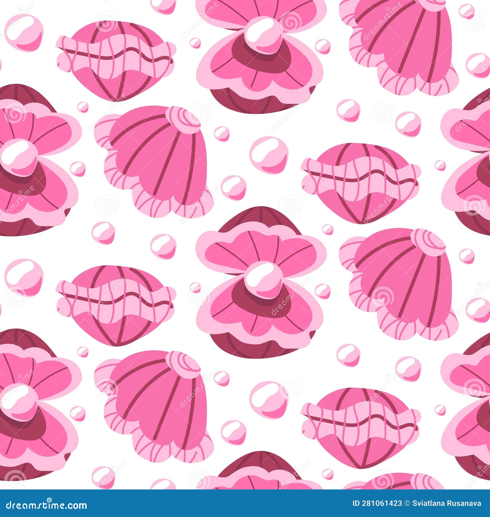 Pattern with Cartoon Pink Shells with Pearls. Vector Illustration on ...
