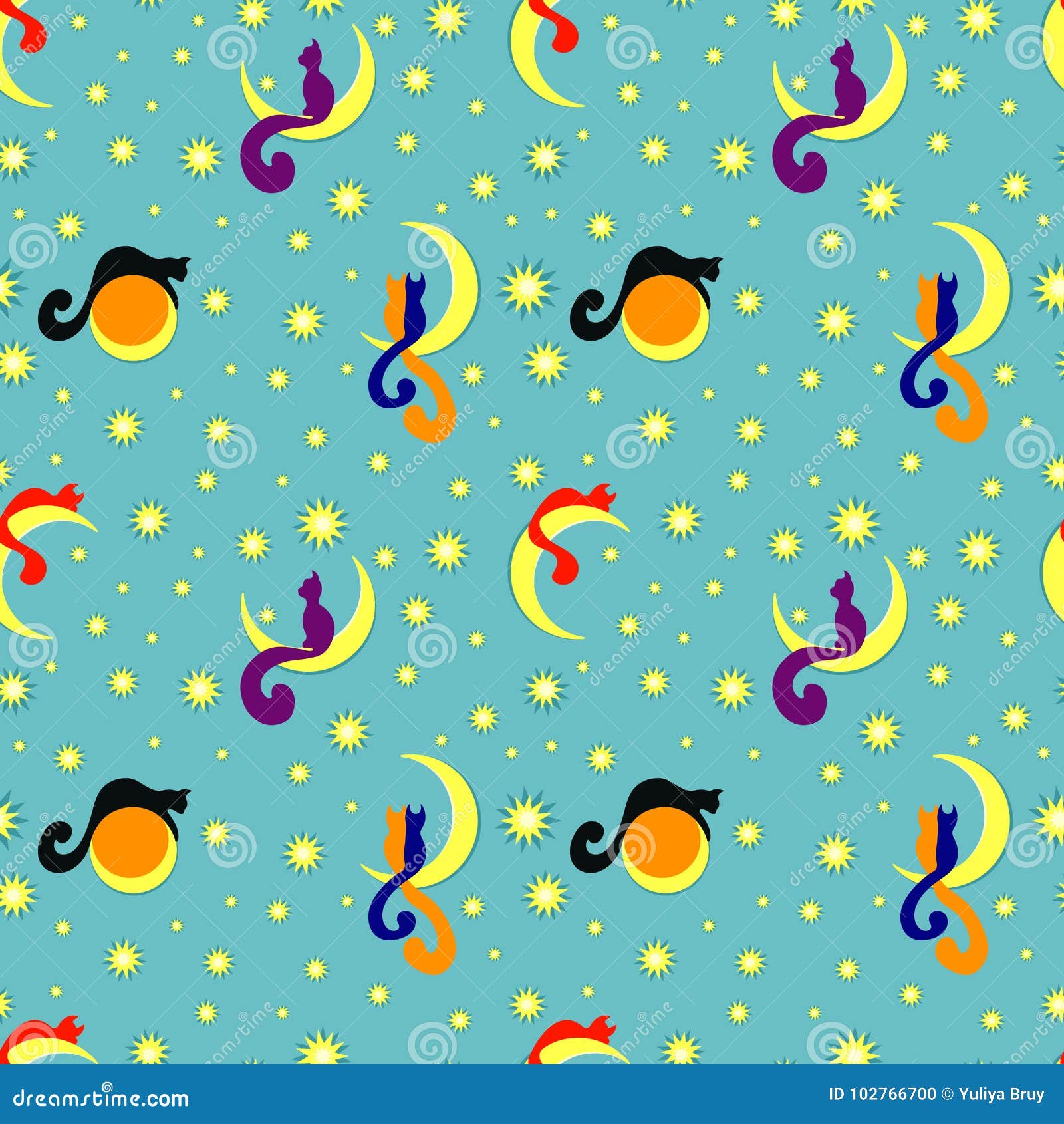Pattern with Cats, Moon and Stars Stock Vector - Illustration of ...