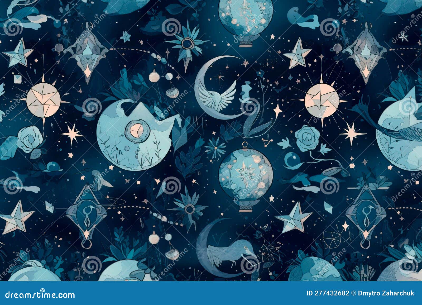 Pattern With A Celestial Theme, Featuring Stars, Moons, And Other ...