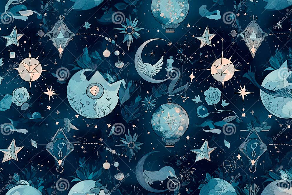 Pattern with a Celestial Theme, Featuring Stars, Moons, and Other ...