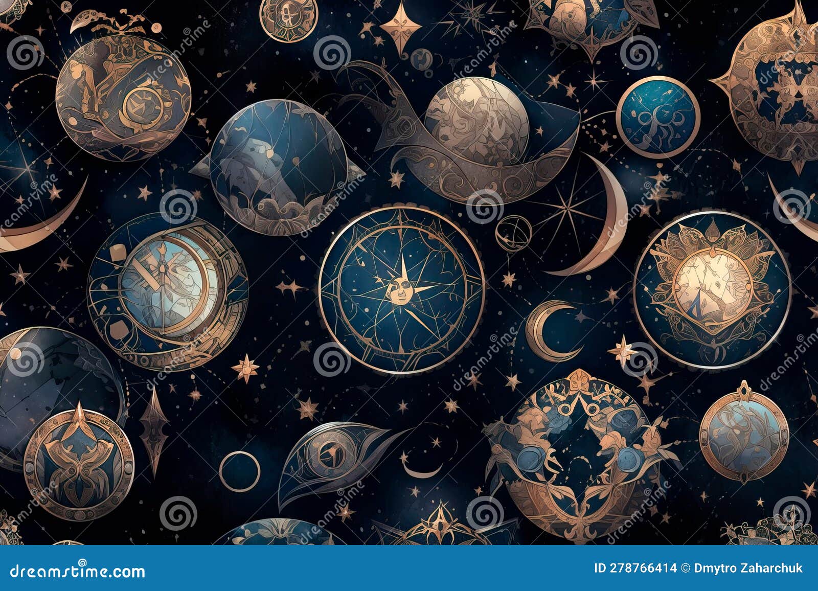 Pattern With A Celestial Theme, Featuring Stars, Moons, And Other ...