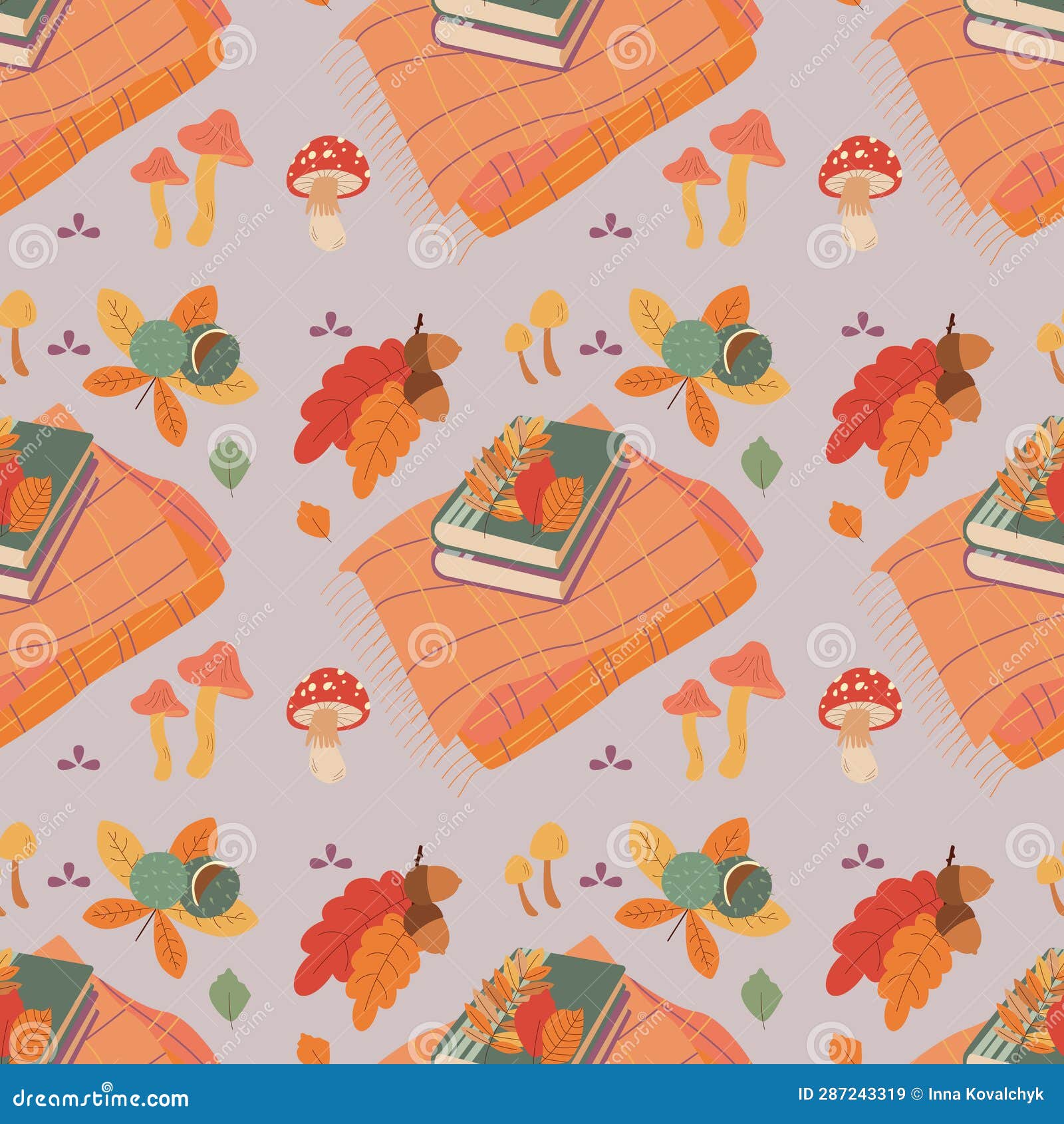 Pattern with Chestnut, Acorn, Mushroom, Book, Leaves. Hello Autumn ...