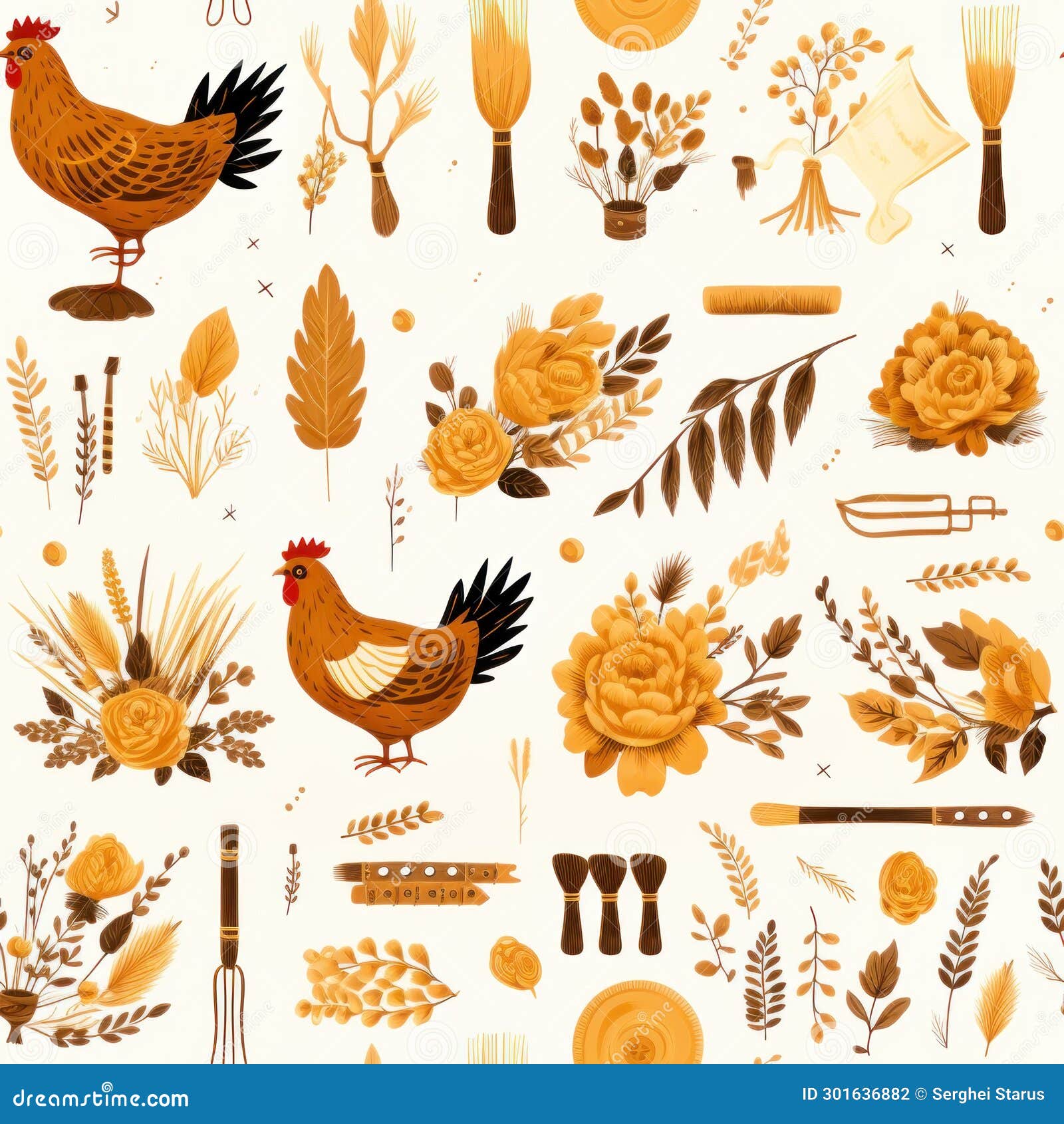 A Pattern of a Chicken and Flowers on White Background, AI Stock ...