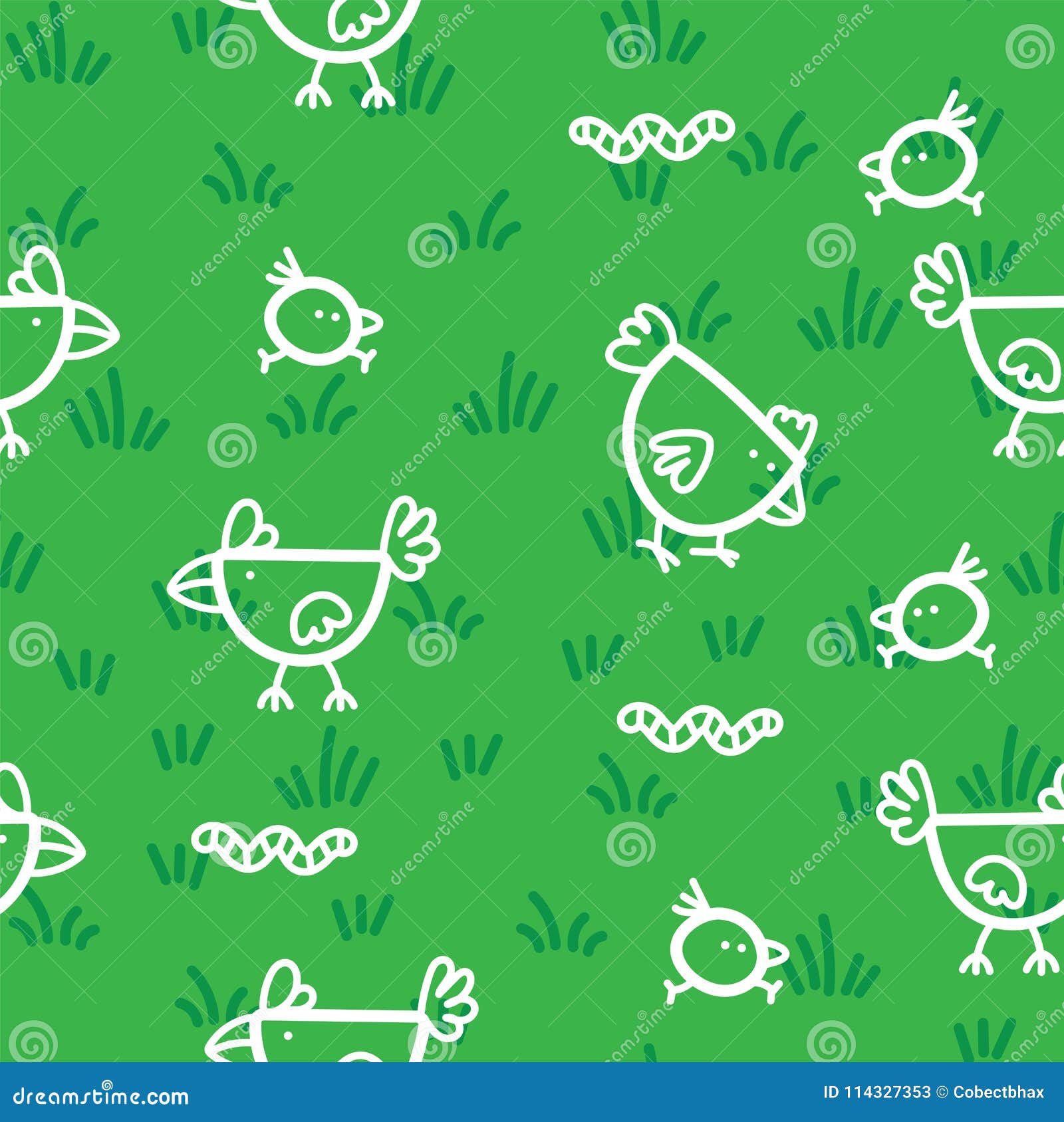 Pattern Chickens Walking On Green Grass And Pecking Worms Background ...