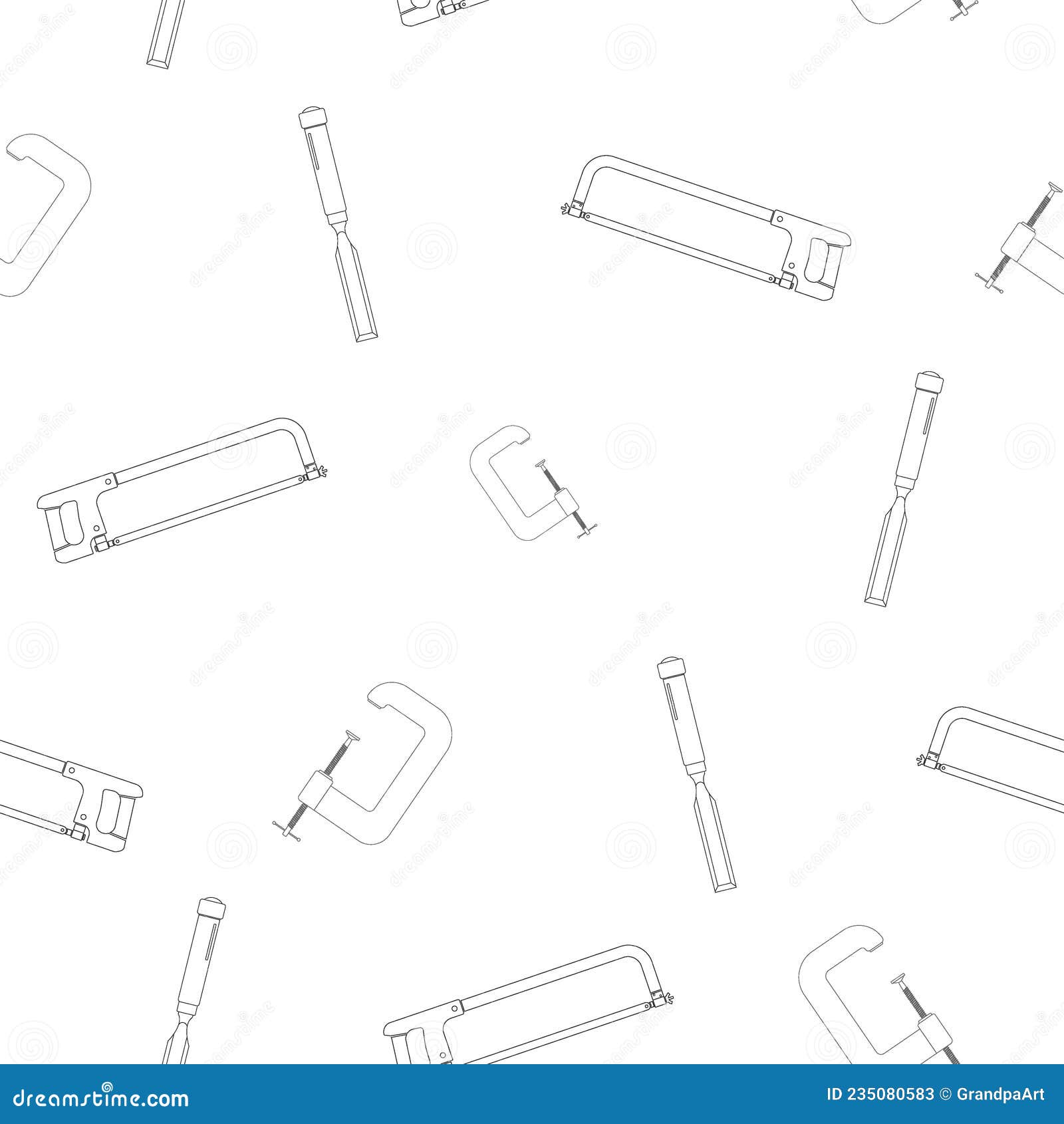 Pattern of Chisel, Clamp, Metal Hacksaw. Linear Design. on a White ...